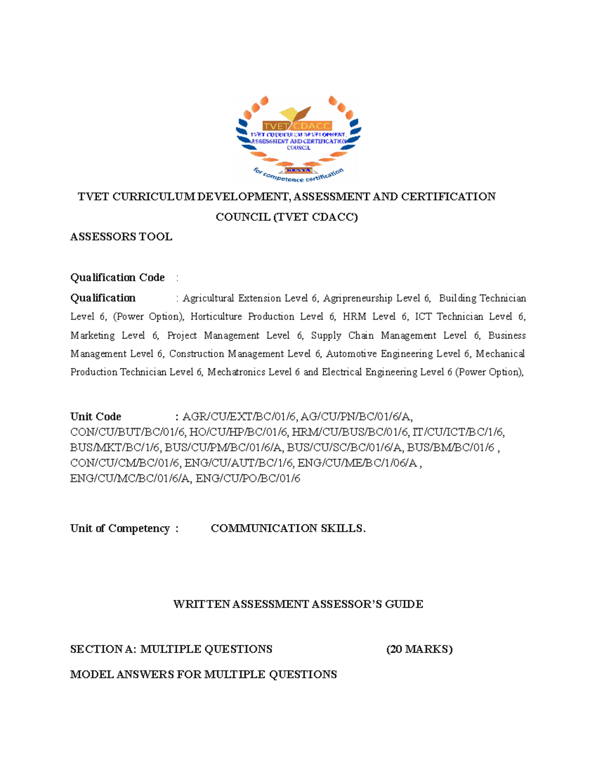 Communication Skills. Assessors Tool - TVET CURRICULUM DEVELOPMENT ...