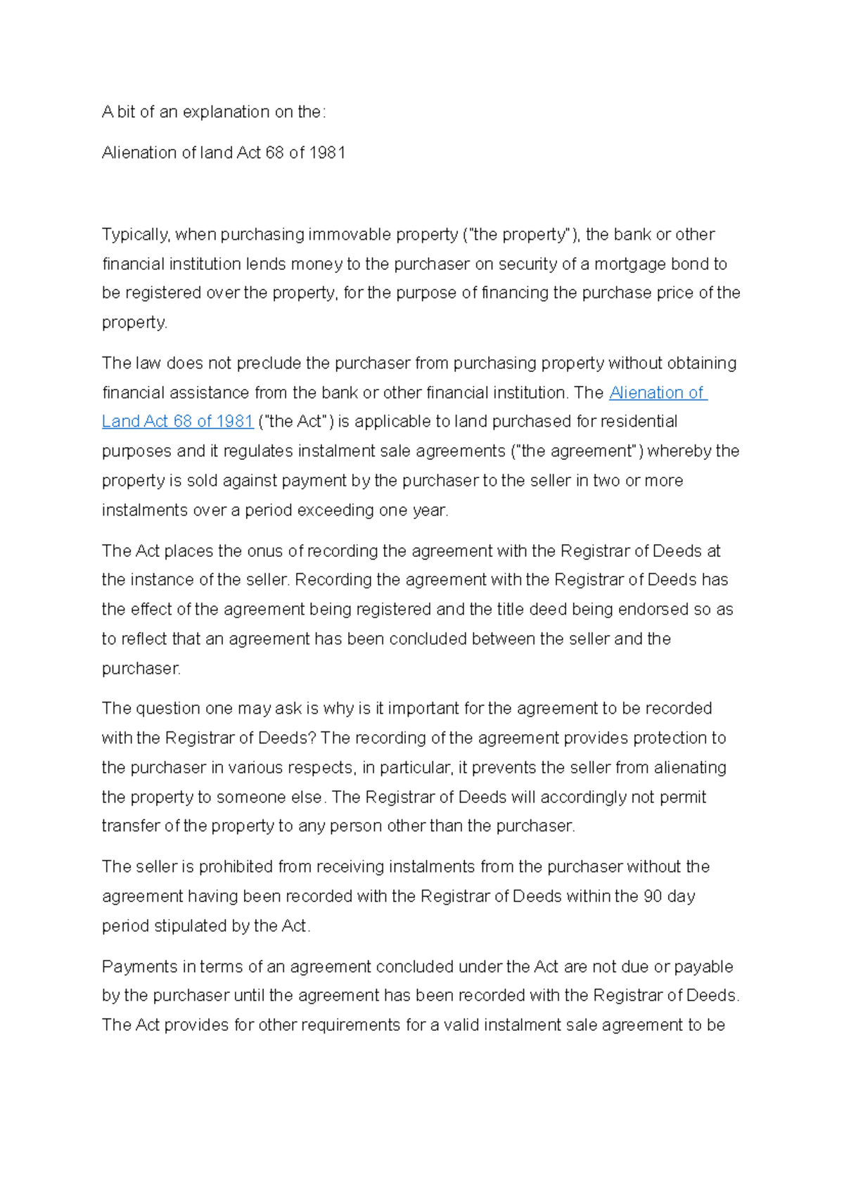 Notes on the Alienation of Land Act 68 of 1981 - A bit of an ...