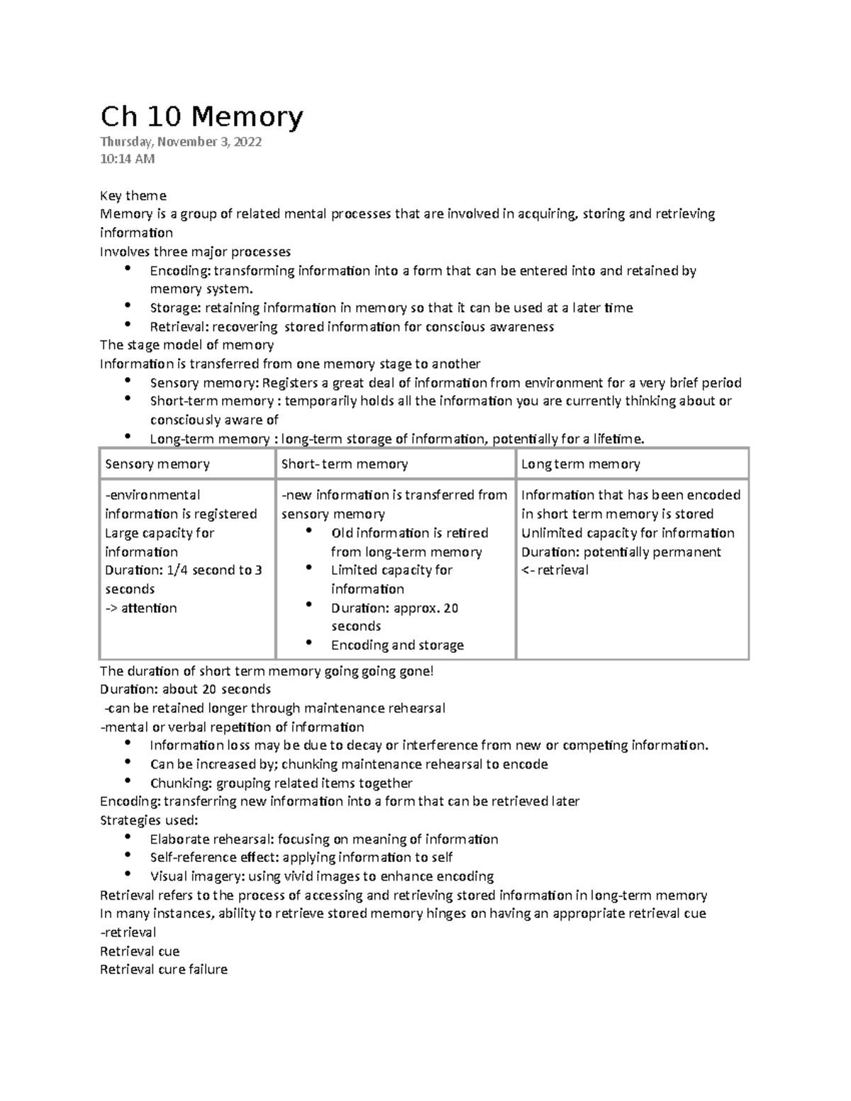Ch 10 Memory - Ch 10 Memory Thursday, November 3, 2022 10:14 AM Key ...