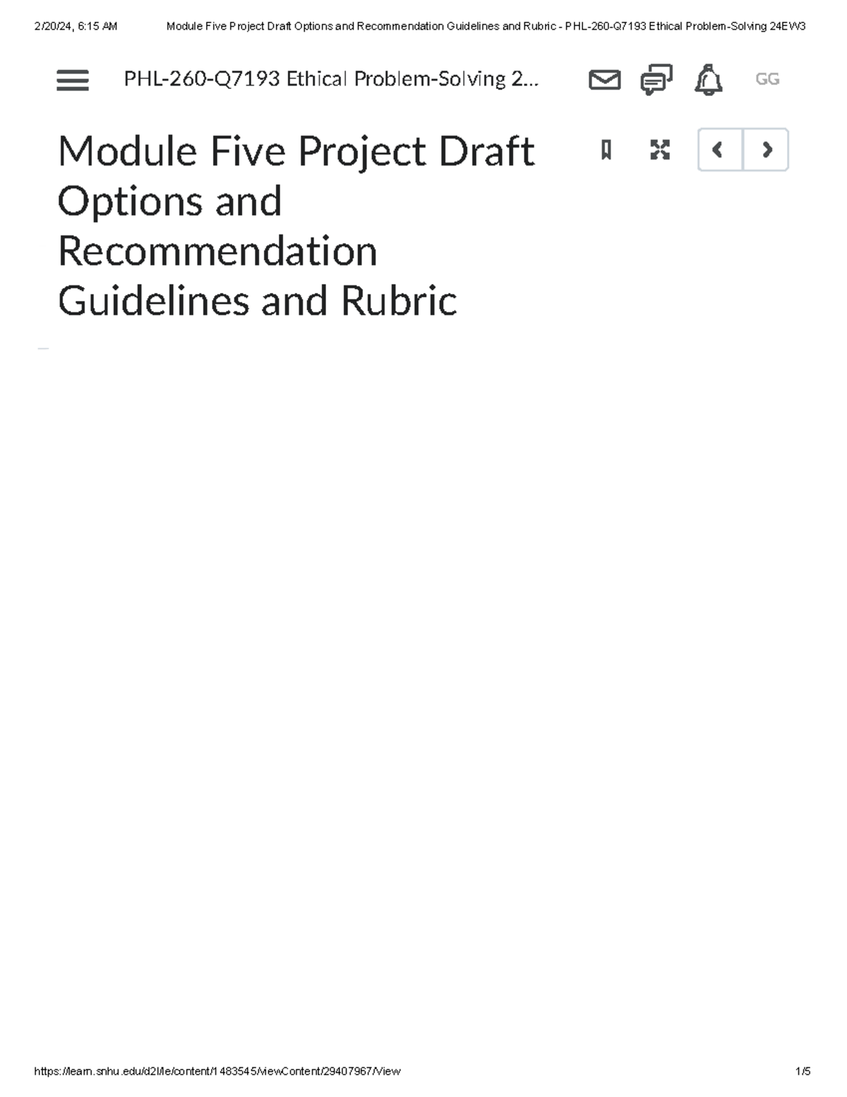 Module Five Project Draft Options and Recommendation Guidelines and Rubric - PHL-260-Q7193 ...