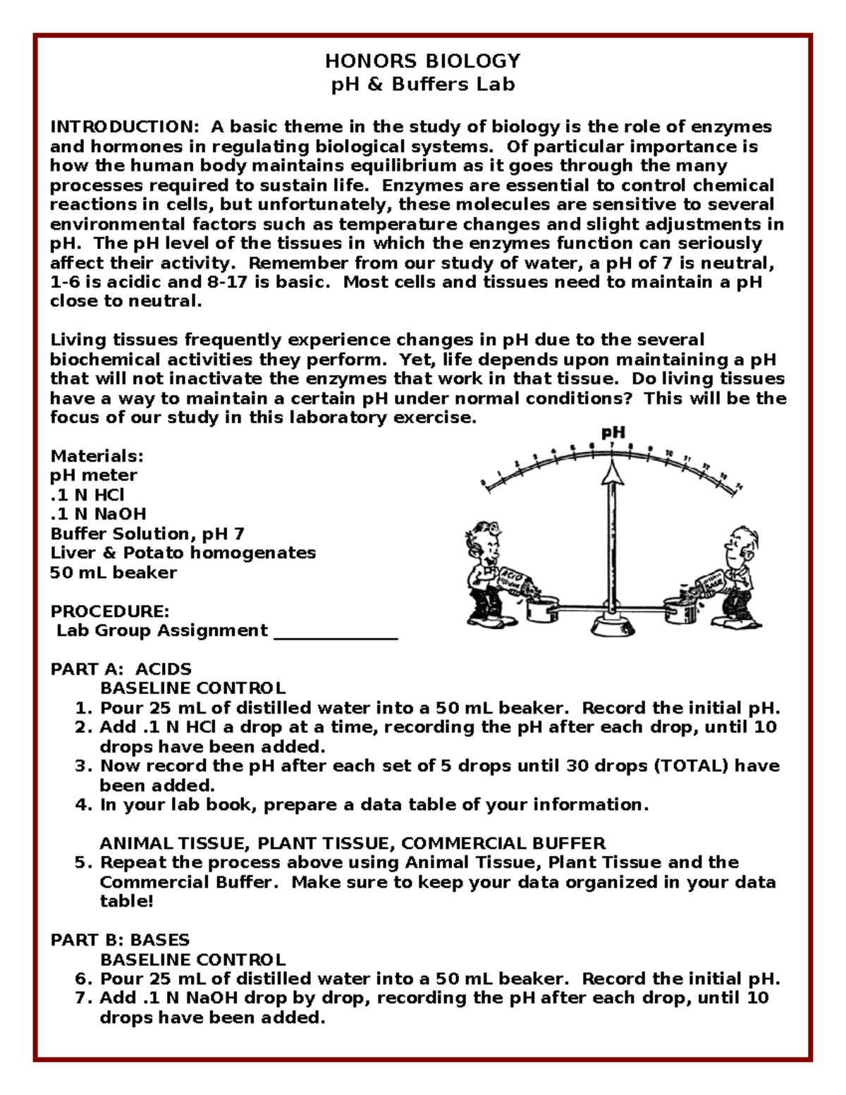 pH lab review for bio/chem - HONORS BIOLOGY pH & Buffers Lab ...