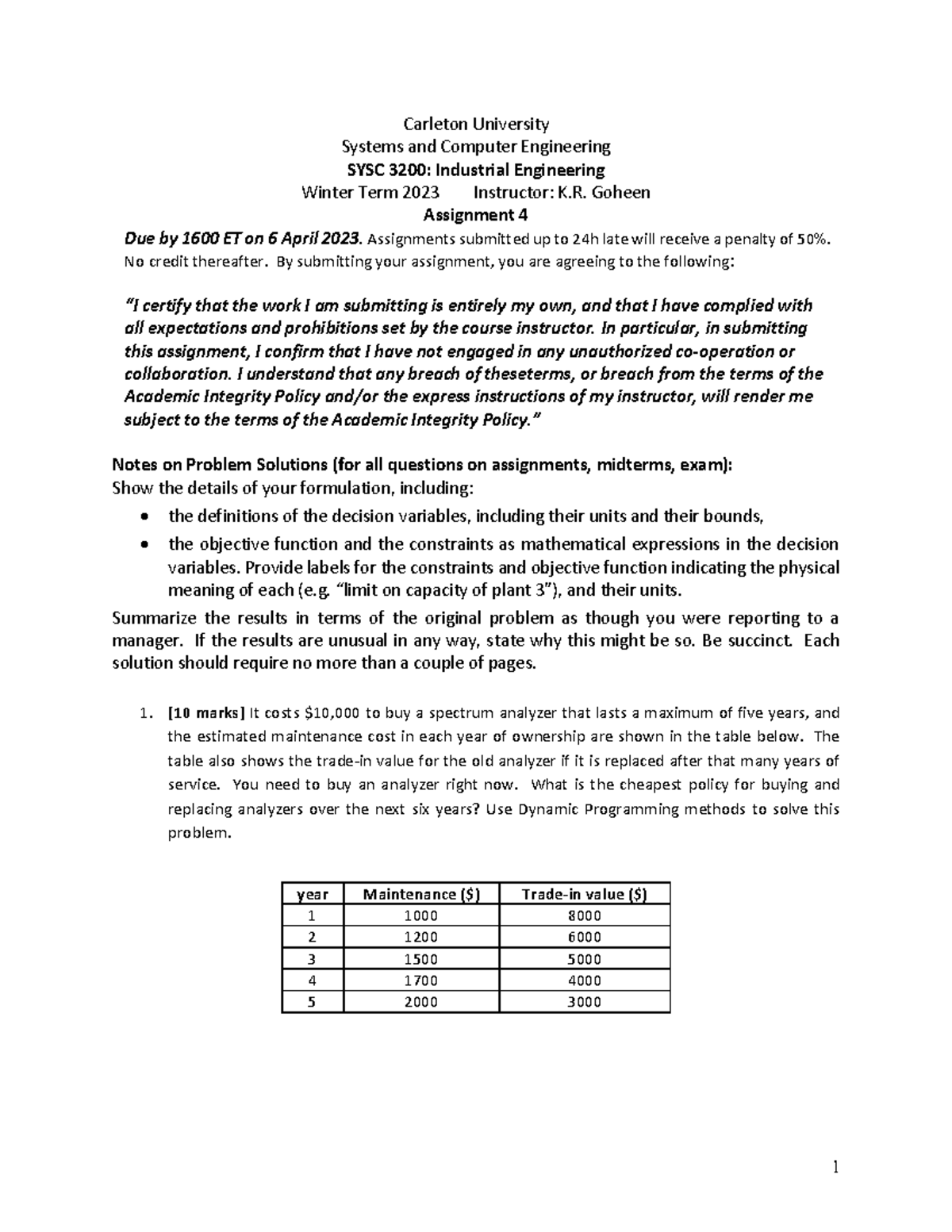 3200assign 4 2023w A4 For Sysc 3200 1 Carleton University Systems And Computer Engineering