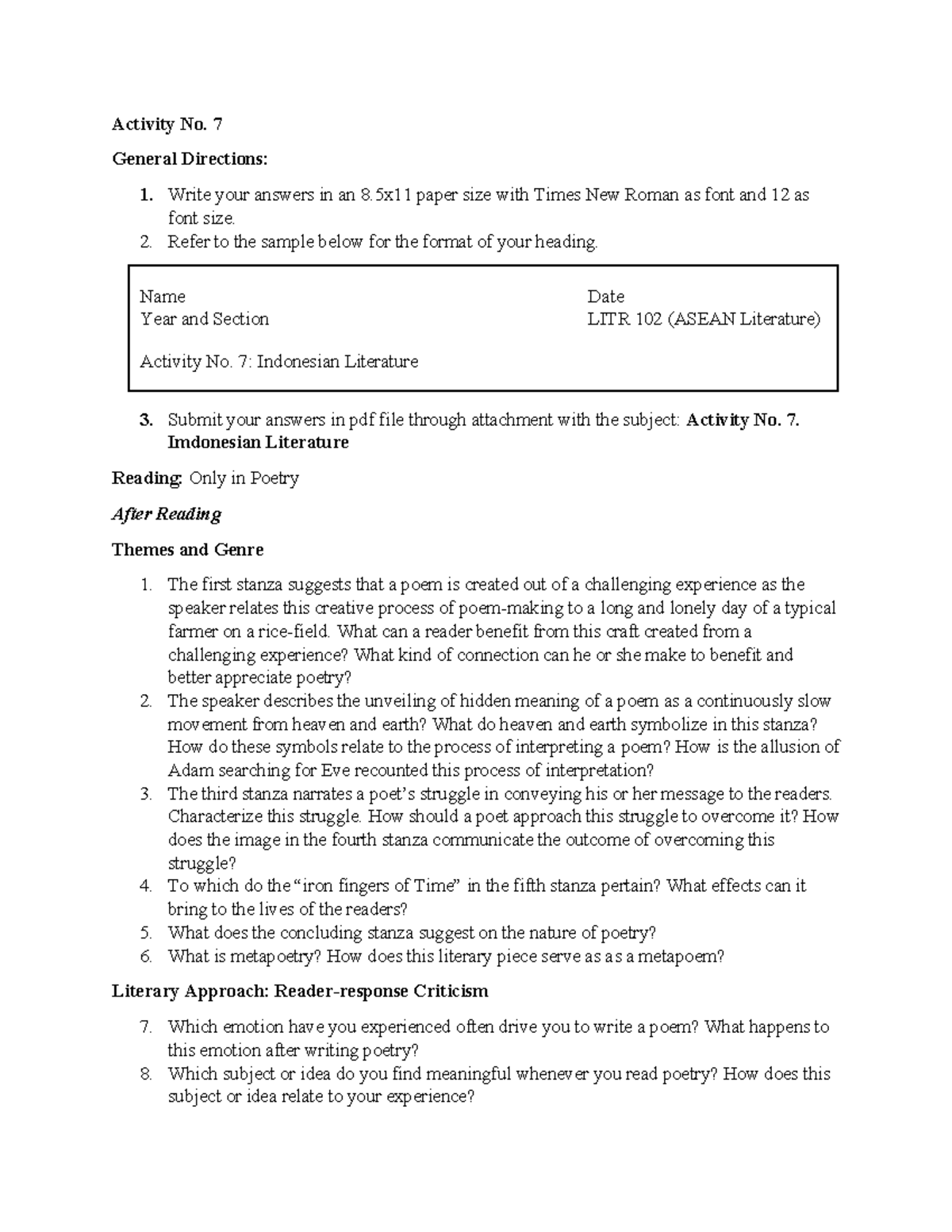 Activity No 7 Indonesian Literature Activity No 7 General