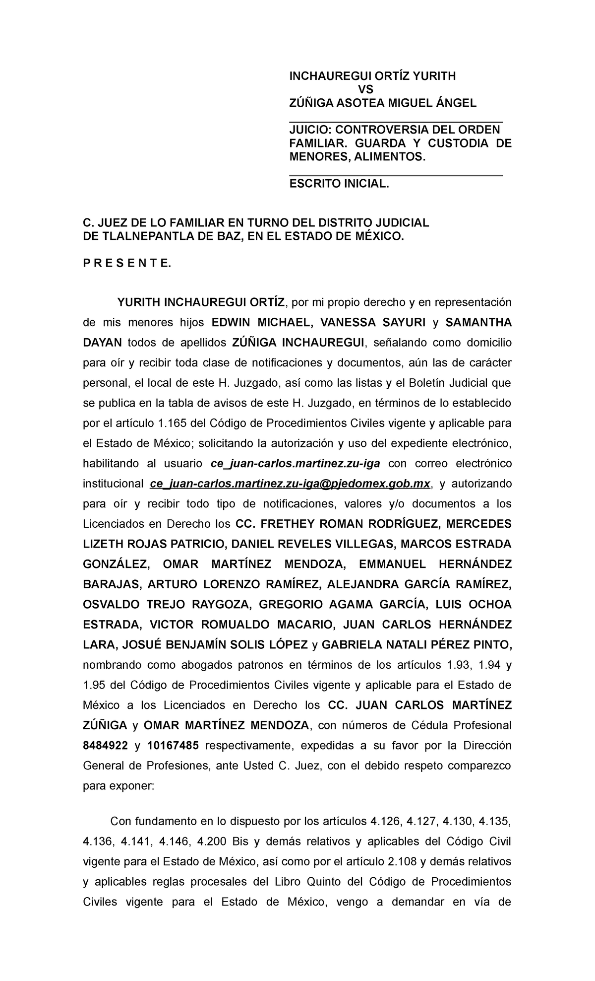 Demanda DE Controversia DEL Orden Familiar - INCHAUREGUI ORTÍZ YURITH ...