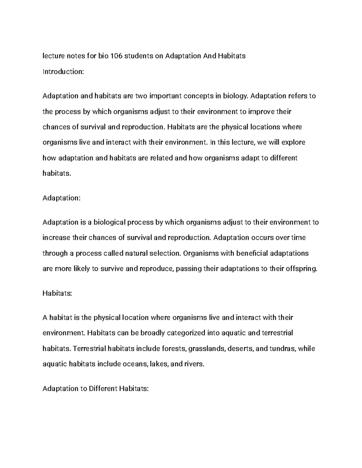 Lecture notes for bio 106 students on Adaptation And Habitats ...