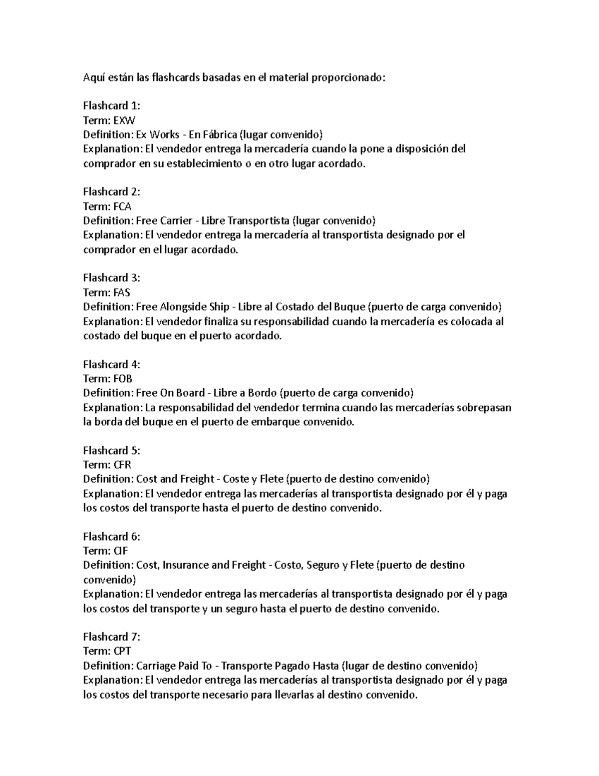 Incoterms flashcards - Aquí están las flashcards basadas en el material proporcionado: Flashcard ...