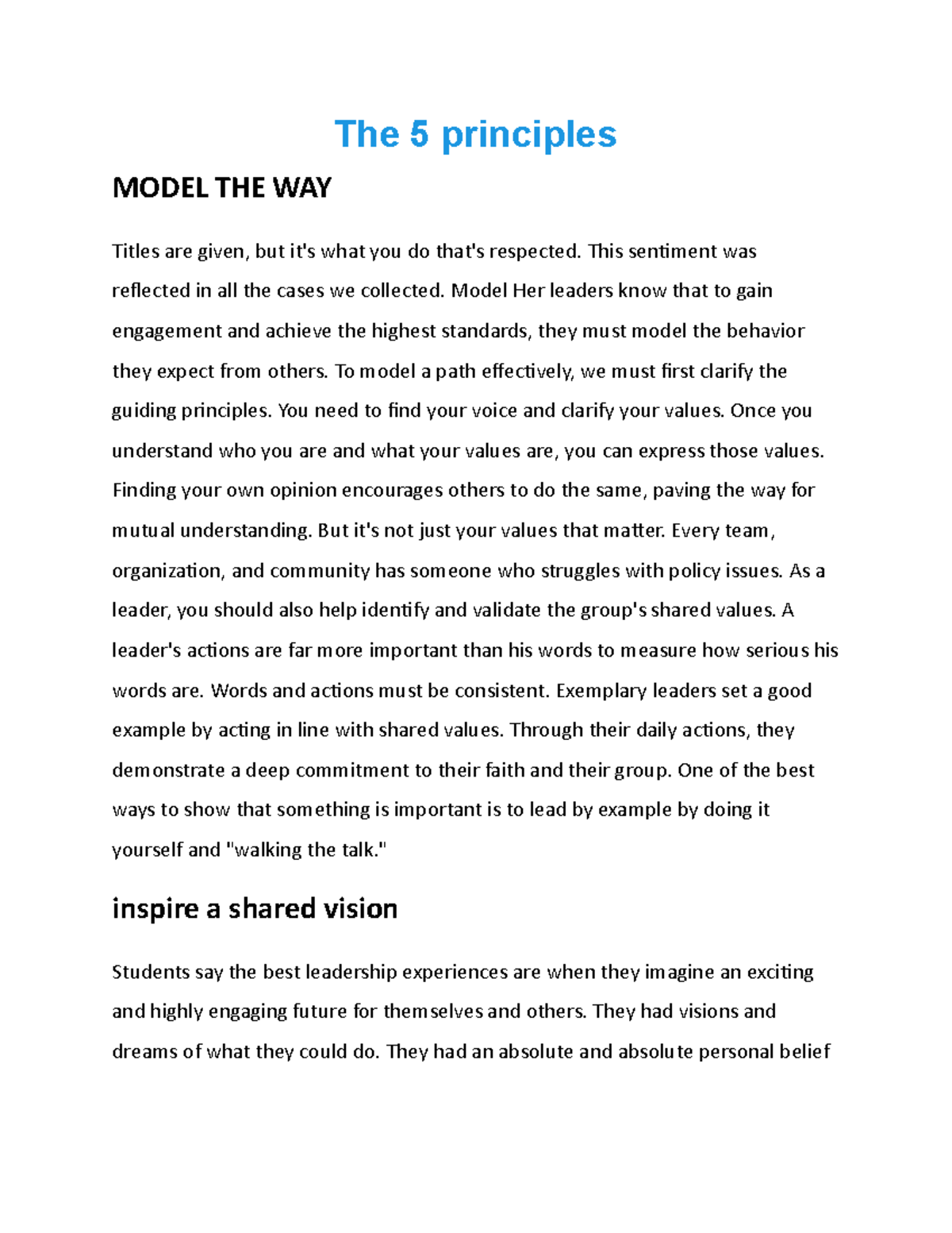The 5 principles - notes - The 5 principles MODEL THE WAY Titles are ...