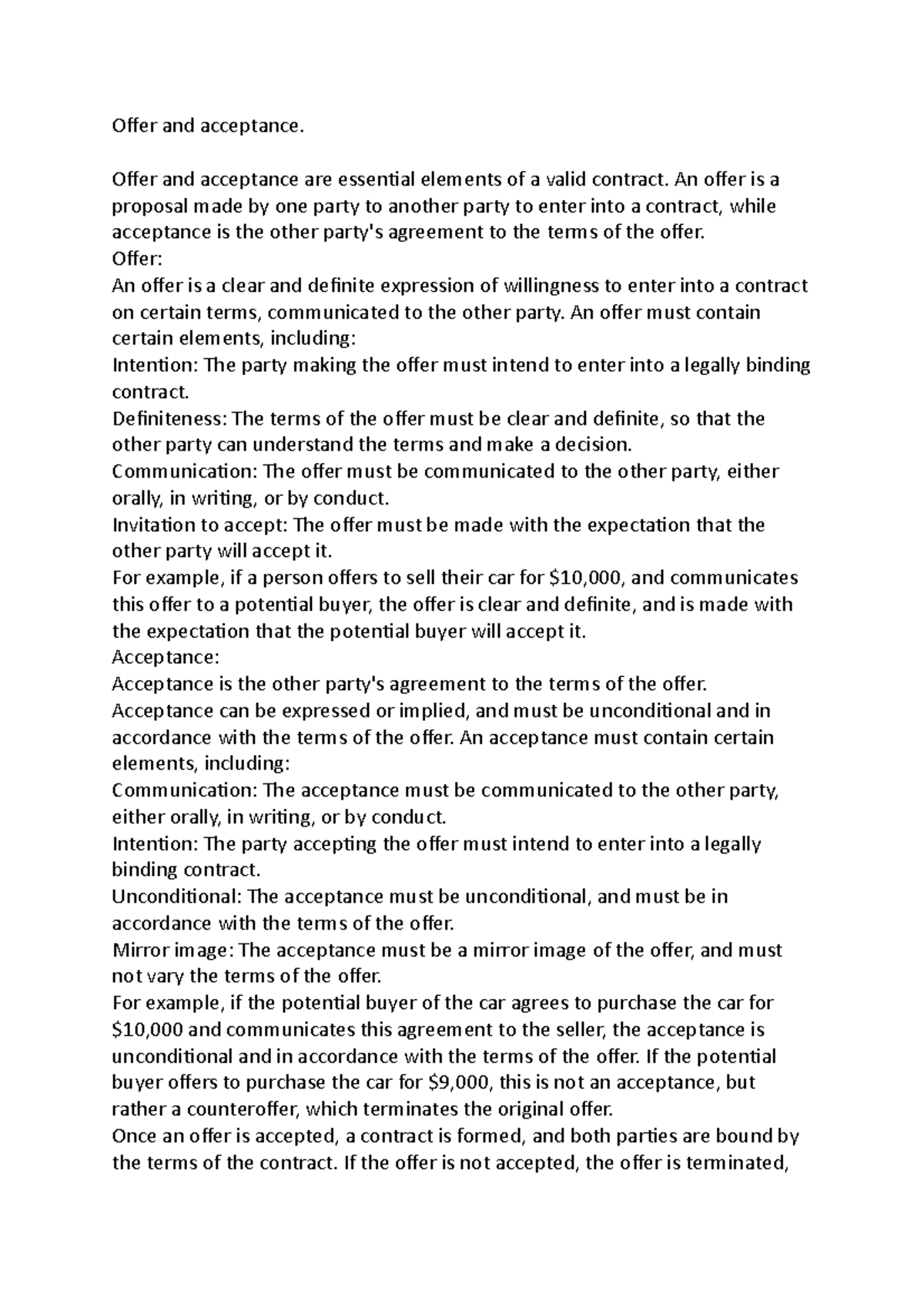 Offer and acceptance - Offer and acceptance are essential elements of a ...
