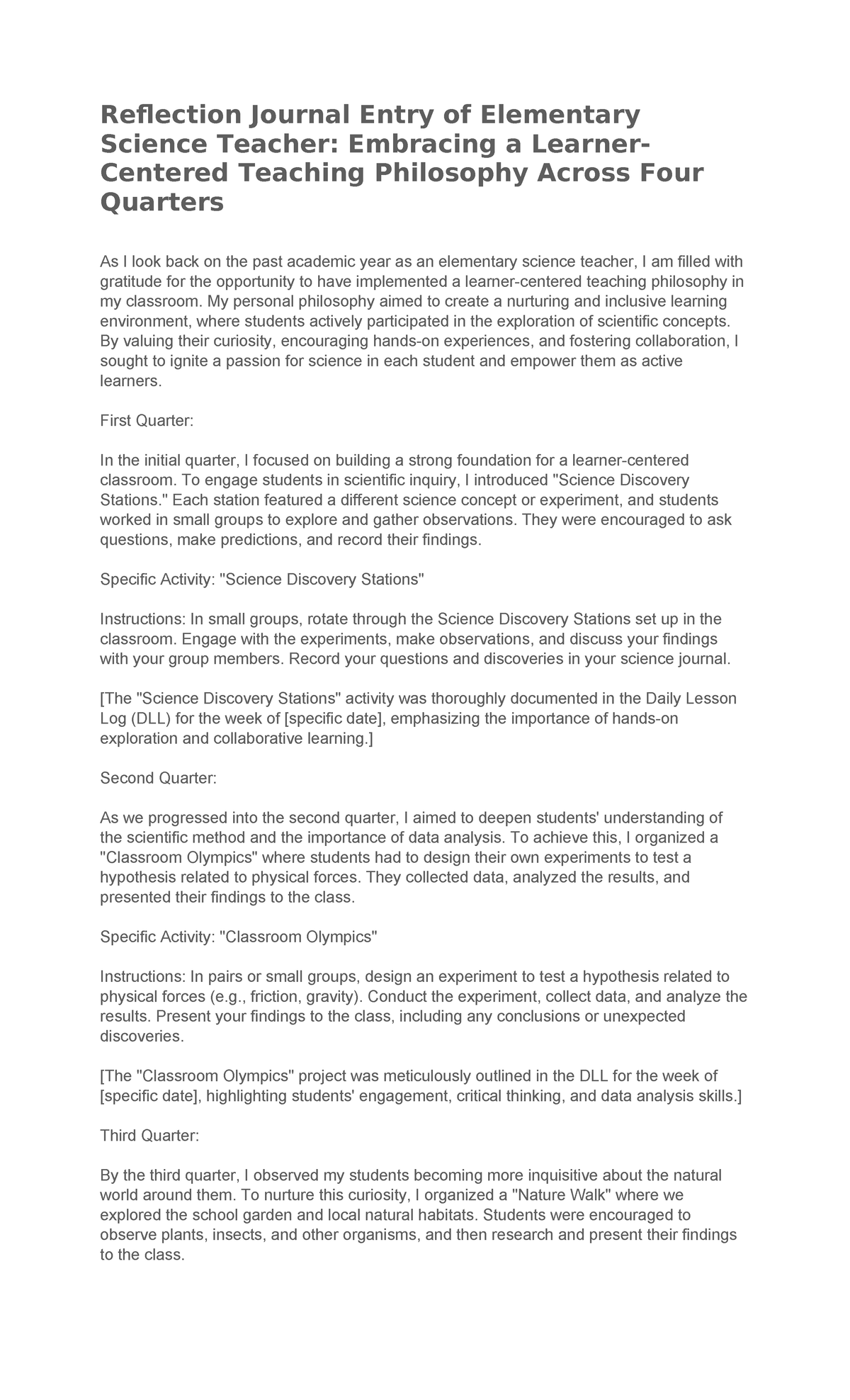 Reflection Journal - need - Reflection Journal Entry of Elementary ...