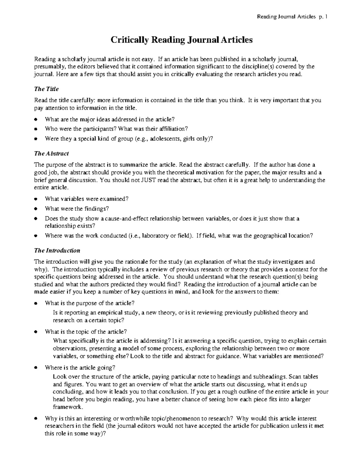 Critically Reading Journal Articles 1 - Reading Journal Articles p. 1 ...
