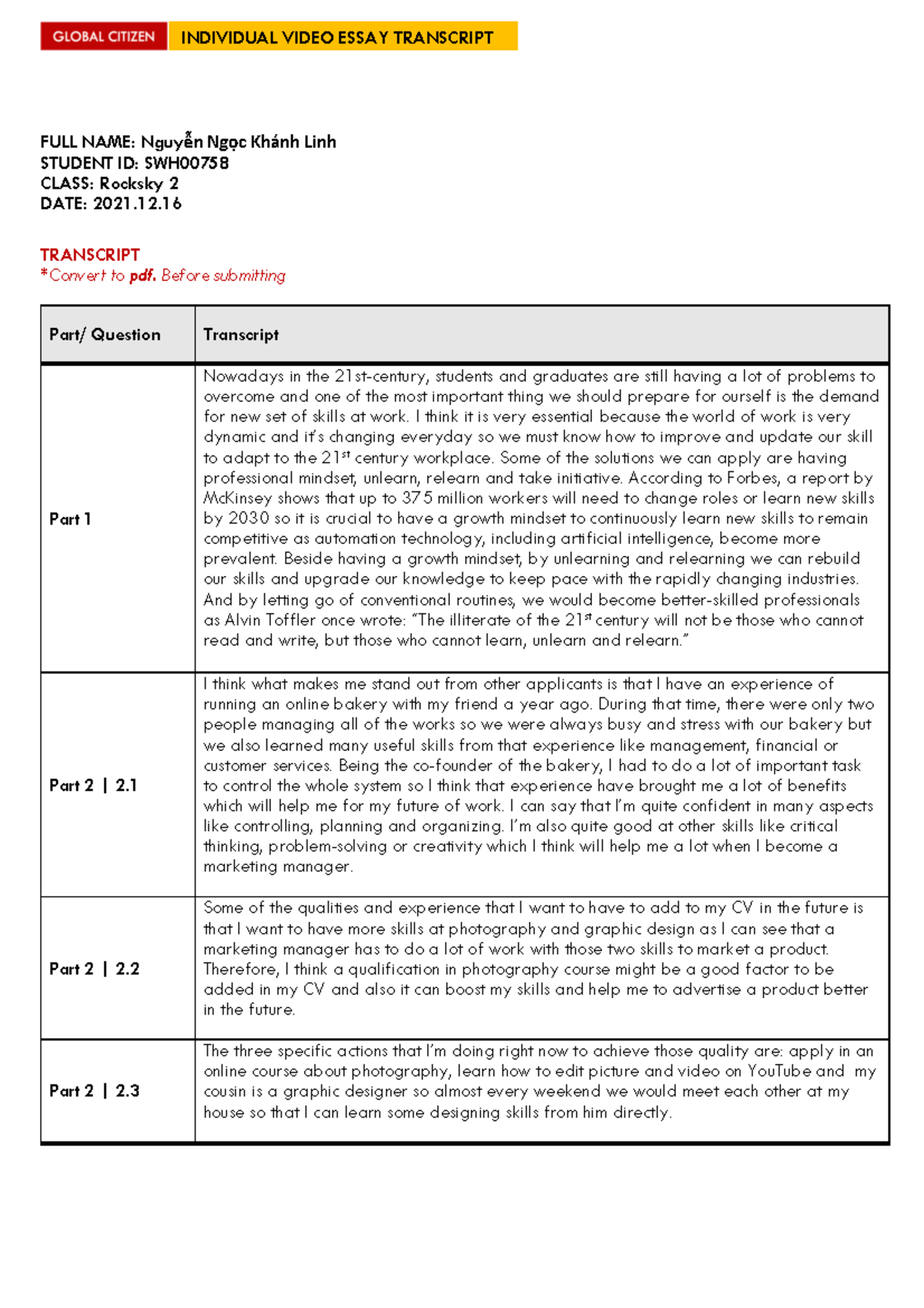 IOD Transcript 2 - INDIVIDUAL VIDEO ESSAY TRANSCRIPT FULL NAME: Nguyễn ...