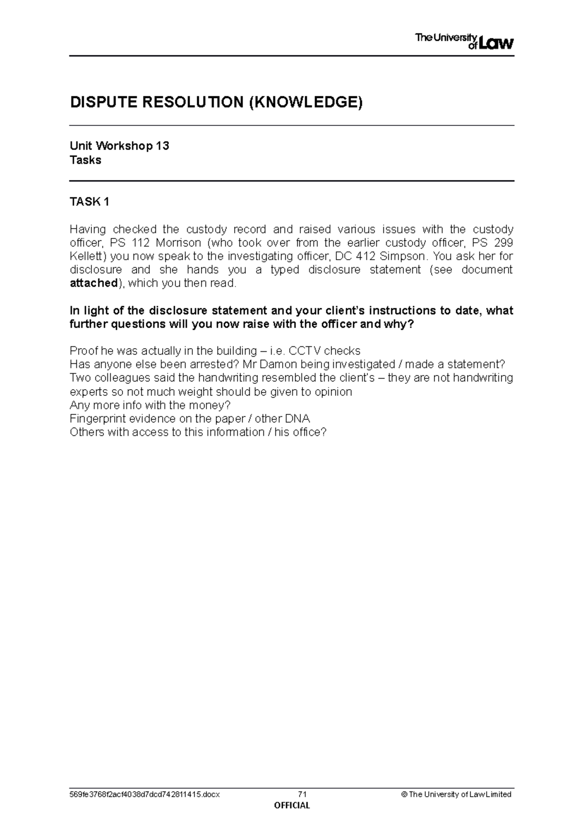 WS 13 Dispute Resolution tasks - DISPUTE RESOLUTION (KNOWLEDGE) Unit ...