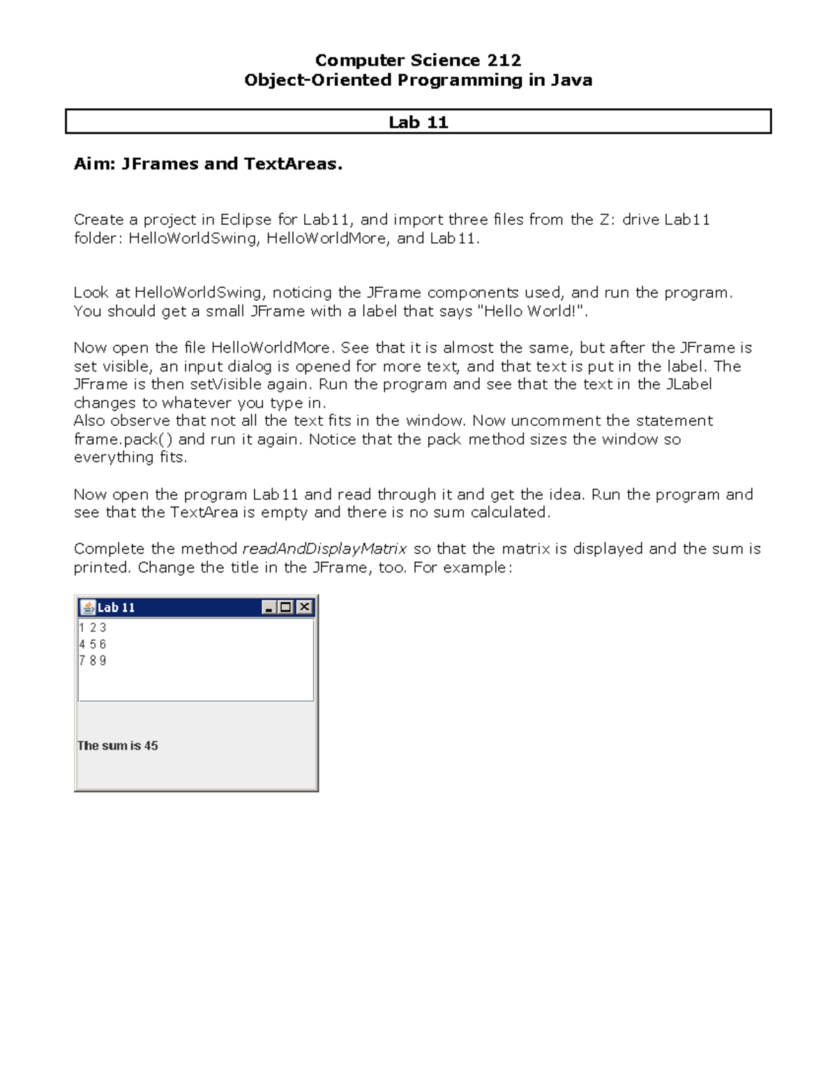 Law CS212 - Lab 11 JFrames and TextAreas - - Studocu