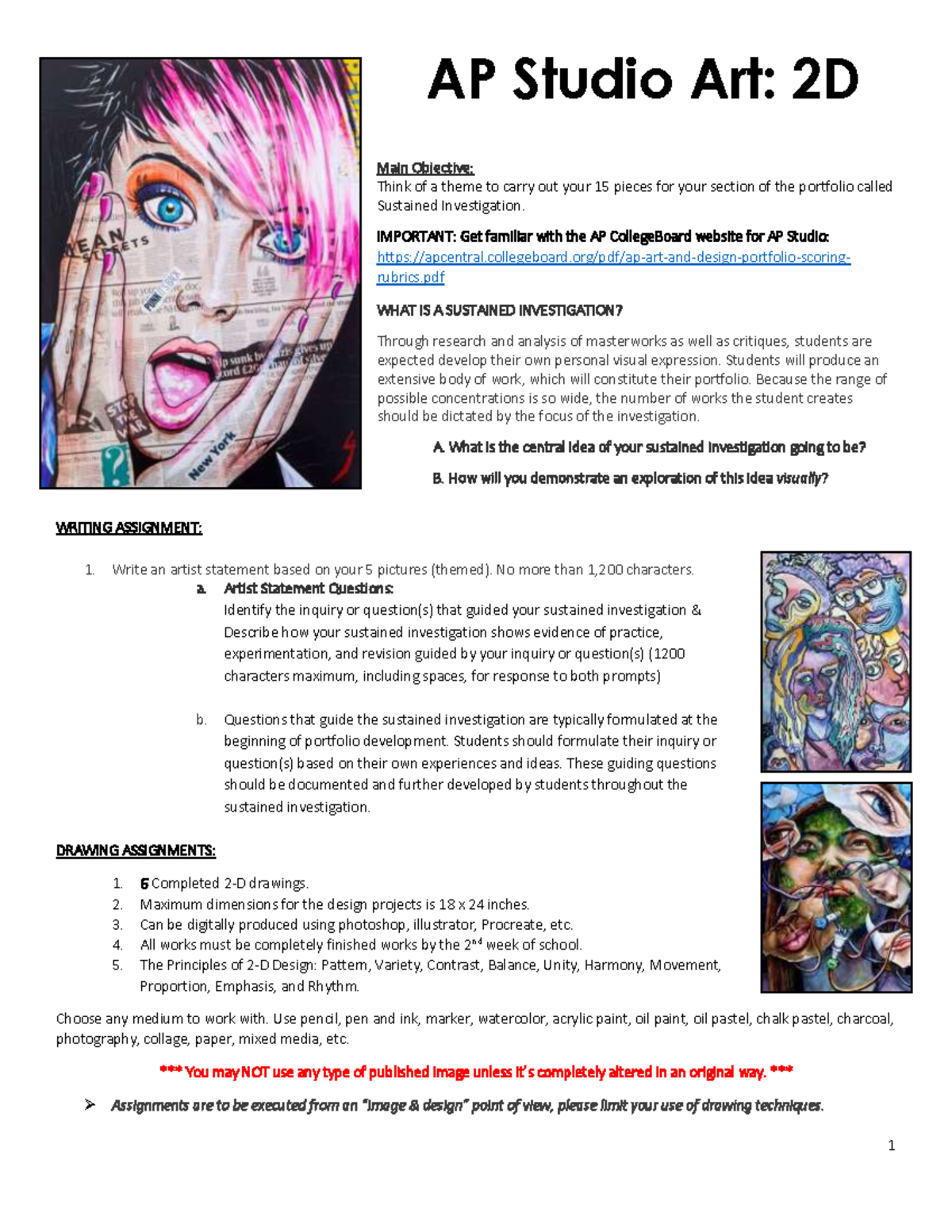 2-D Summer Assignments 2020 2 - 1 Main Objective: Think of a theme to ...