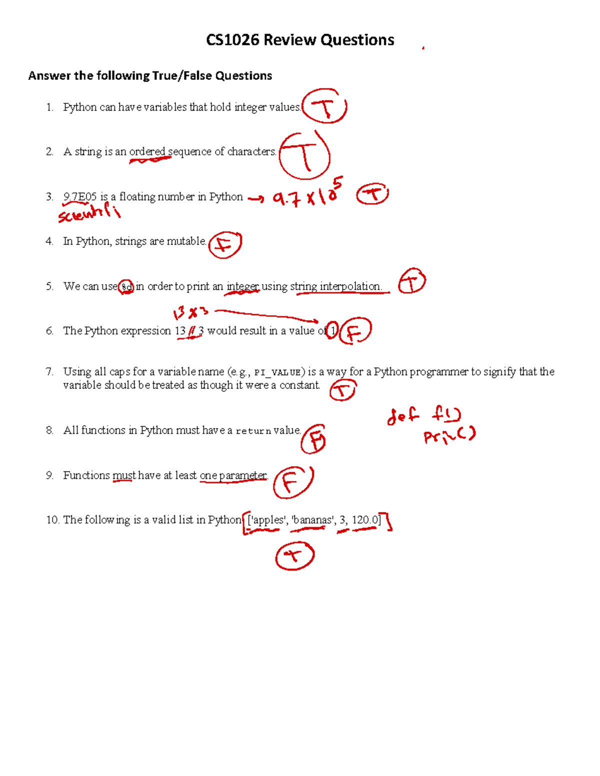 CSM1 - mock for cs - CS1026 Review Questions Answer the following True ...