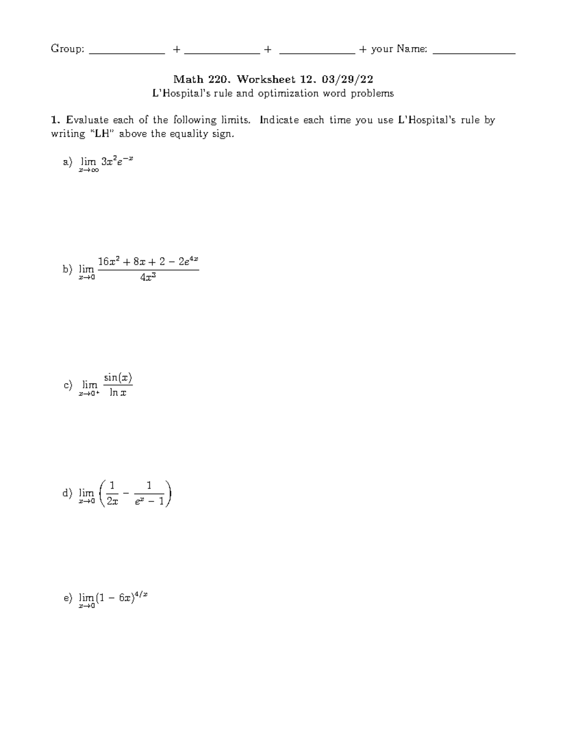 WS 13 - PROFESSOR WAS LAURA PLACZEK - Group: + + + your Name: Math 220 ...