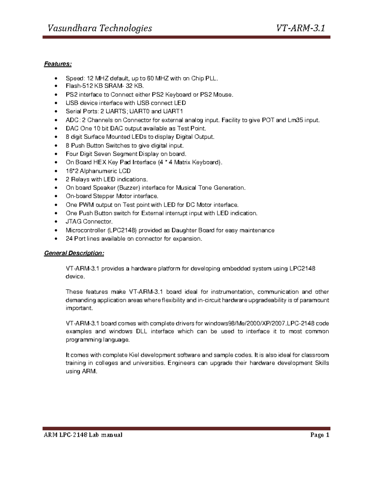 User Manual Arm LPC2148 Cs - Features: Speed: 12 MHZ default, up to 60 ...