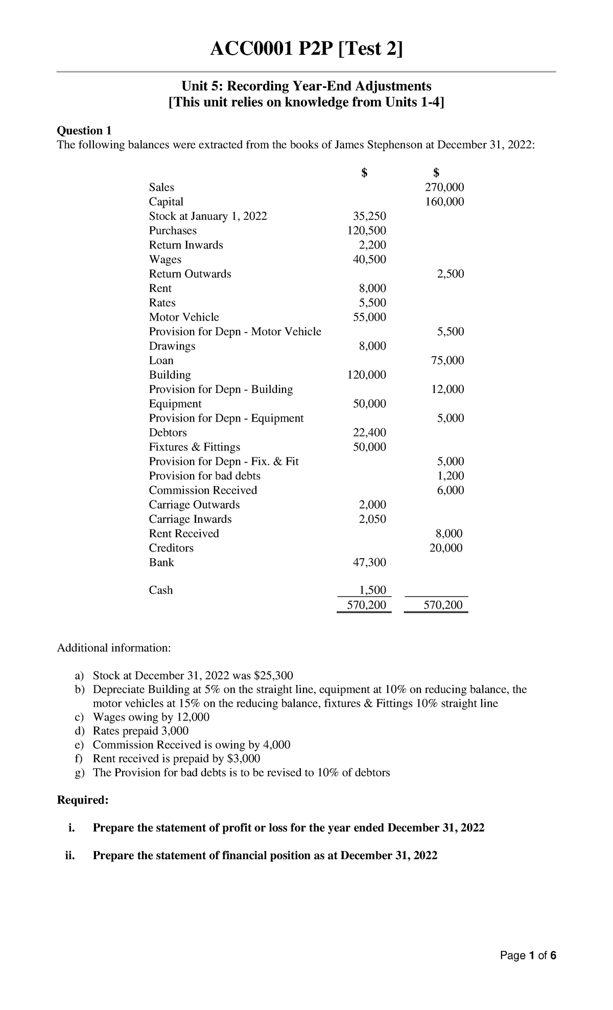 ACC0001 P2P Test 2 Question Paper - Unit 5: Recording Year-End ...