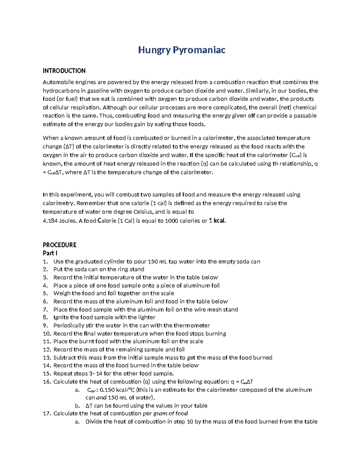 12 - Hungry Pyromaniac - Exploratory lab for Chem 105 - Hungry ...