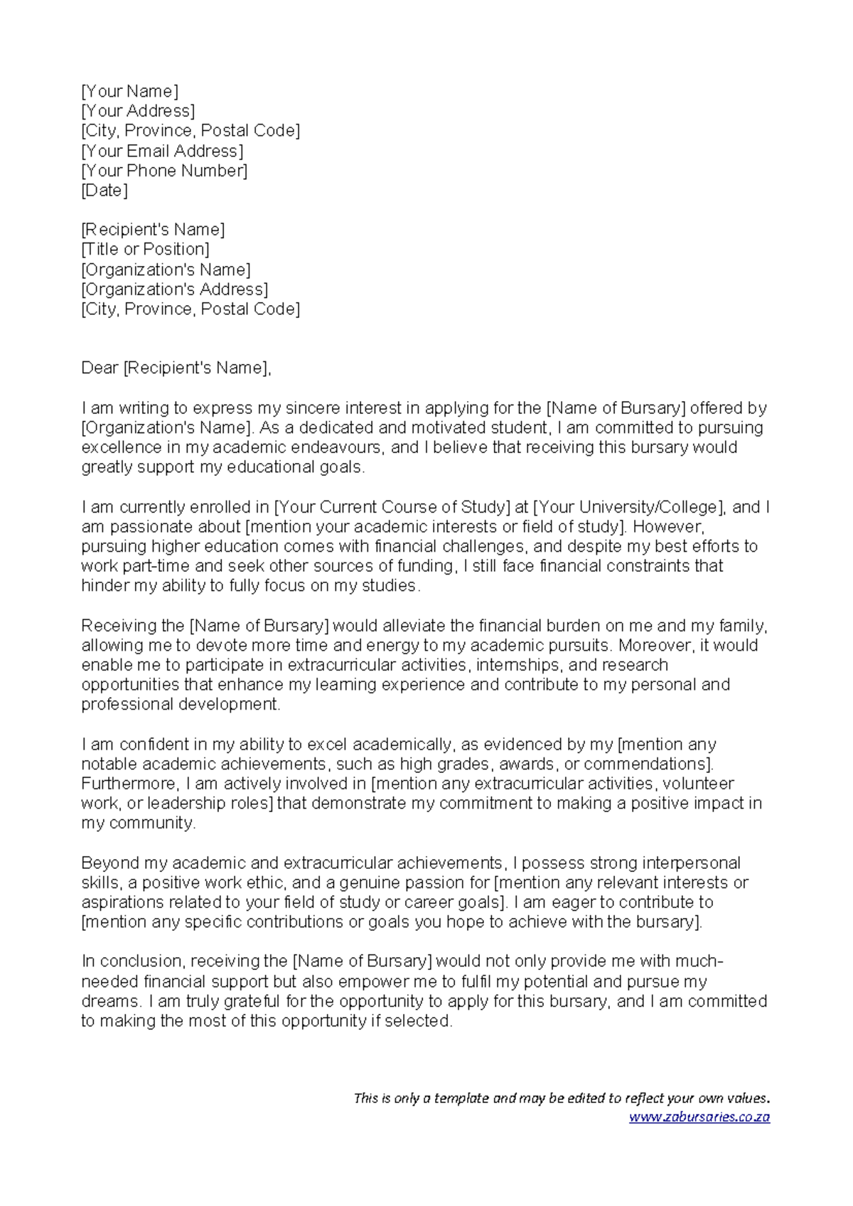 Bursary Motivational Letter example template - [Your Name] [Your ...