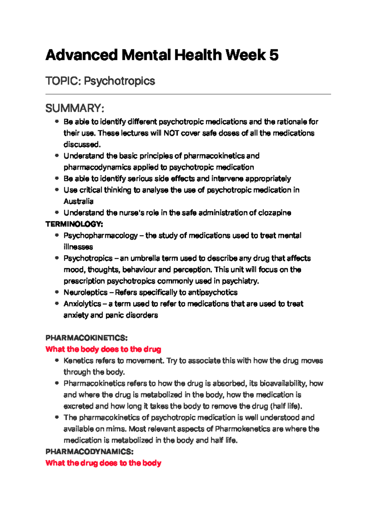 Advanced Mental Health Week 5 - These lectures will NOT cover safe doses of all the medications ...
