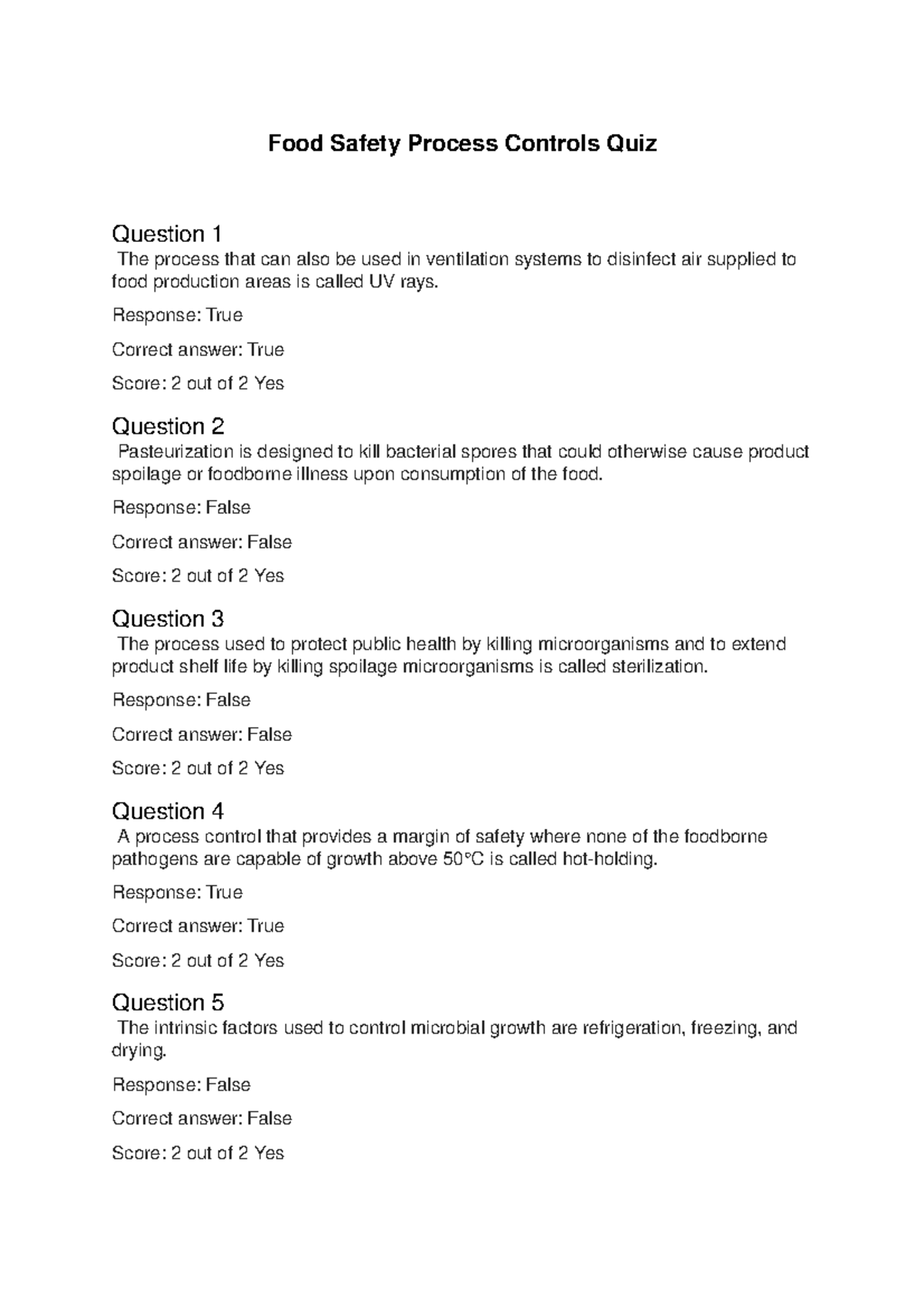 Food Safety Process Controls Quiz - Risk Management as Applied to ...