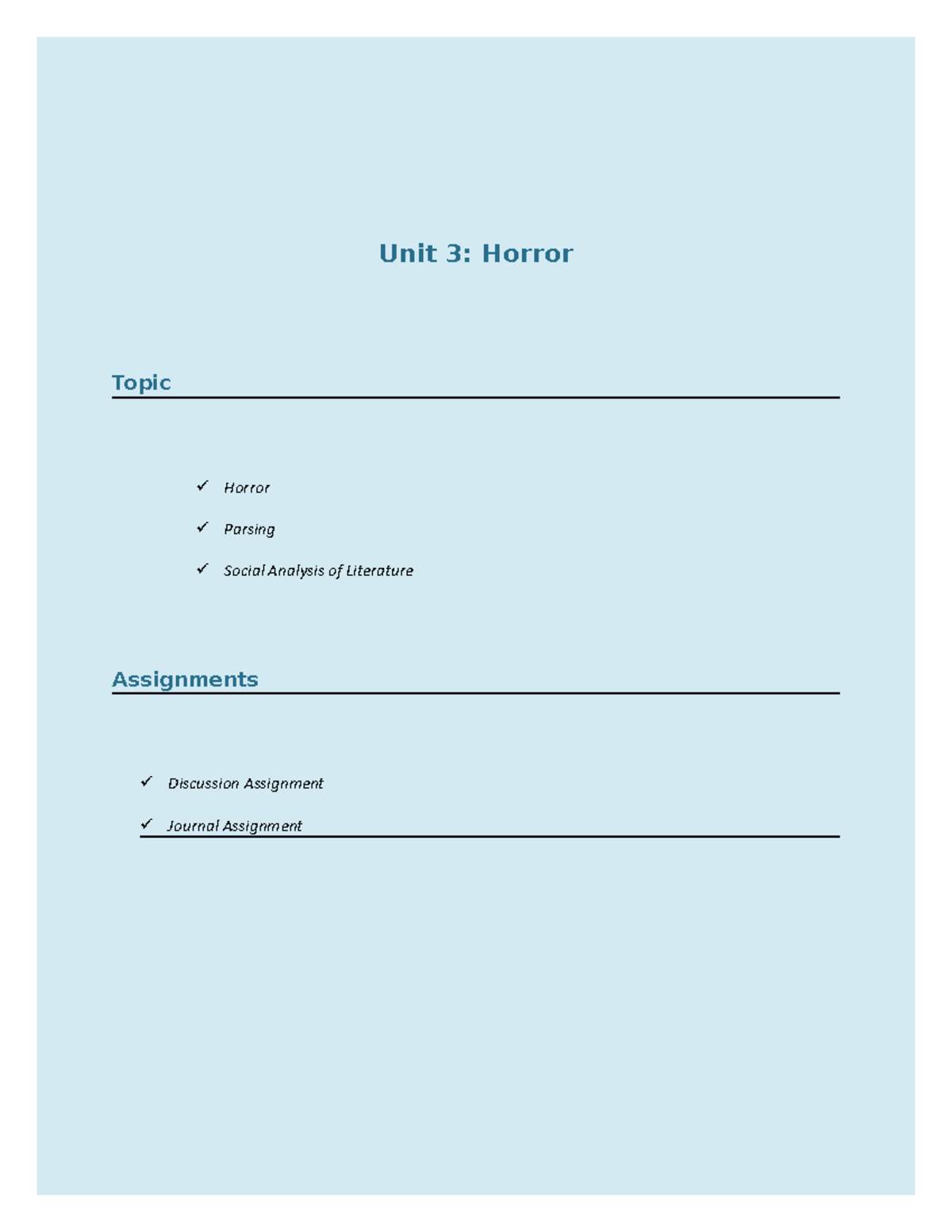 ENGL 1405 Unit 3 Assignments - Unit 3: Horror Topic Horror Parsing ...