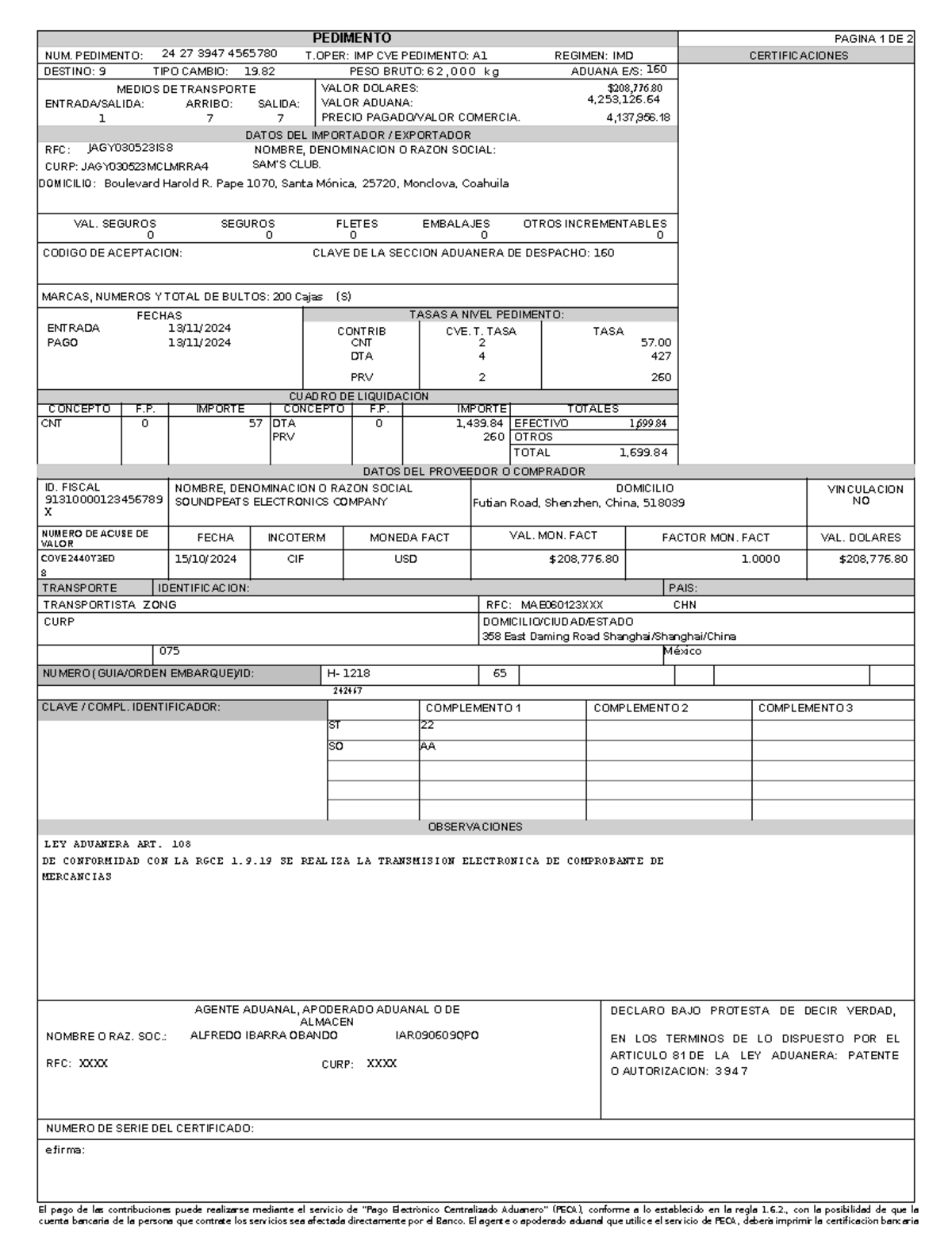 Pedimento carga - PEDIMENTO PAGINA 1 DE 2 NUM. PEDIMENTO: 24 27 3947 ...