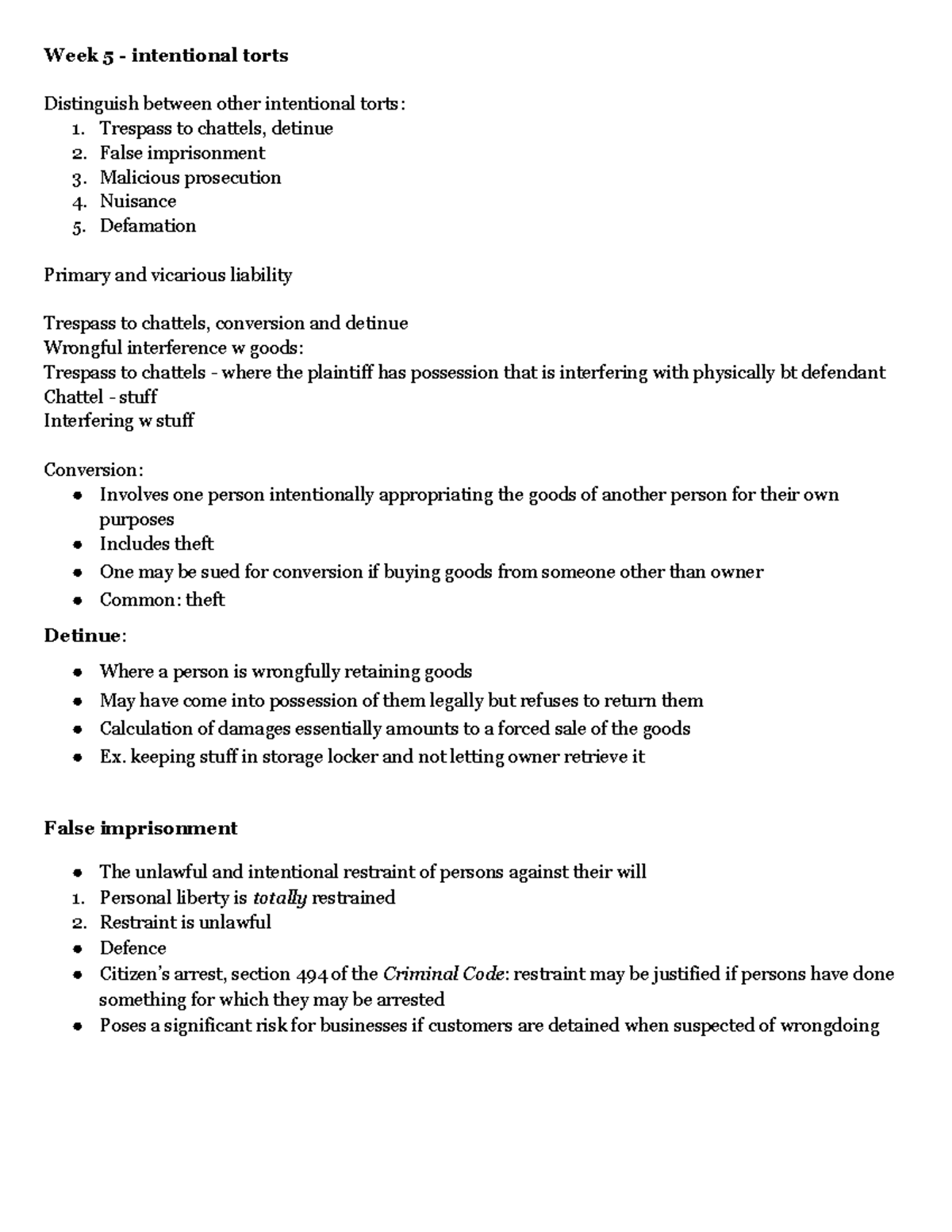 Week 5 - intentional torts - Week 5 - intentional torts Distinguish between other intentional ...
