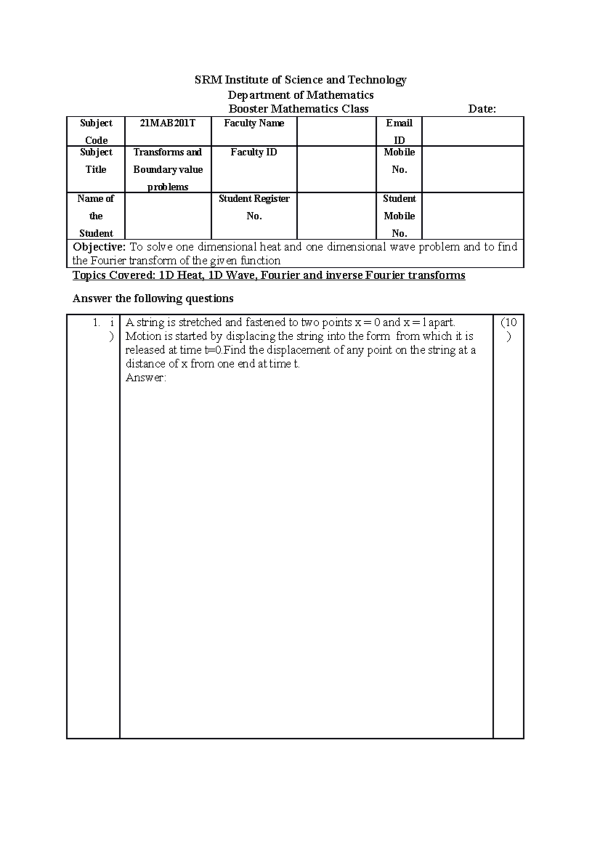 Booster question paper- TBVP - SRM Institute of Science and Technology ...