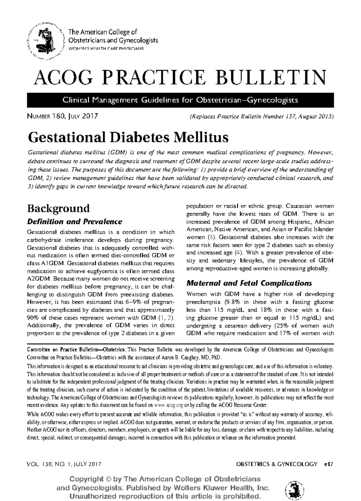 Practice Bulletin No 180 Gestational Diabetes - VOL. 130, NO. 1, JULY ...