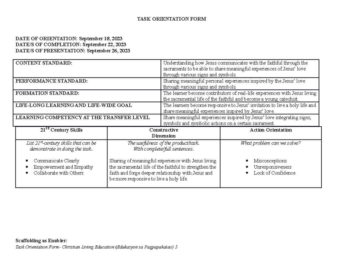 Task Orientation Form 5 - TASK ORIENTATION FORM DATE OF ORIENTATION: September 18, 2023 DATE/S ...