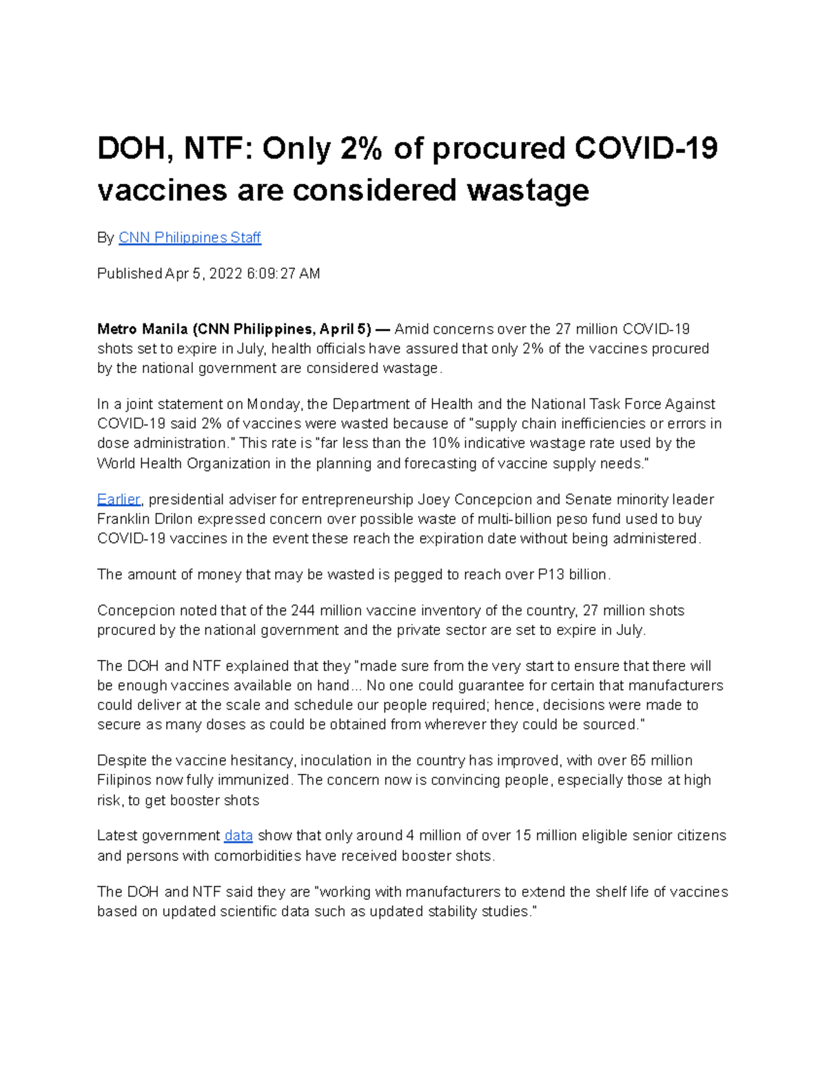 DOH, NTF Only 2% of procured Covid-19 vaccines are considered wastage ...