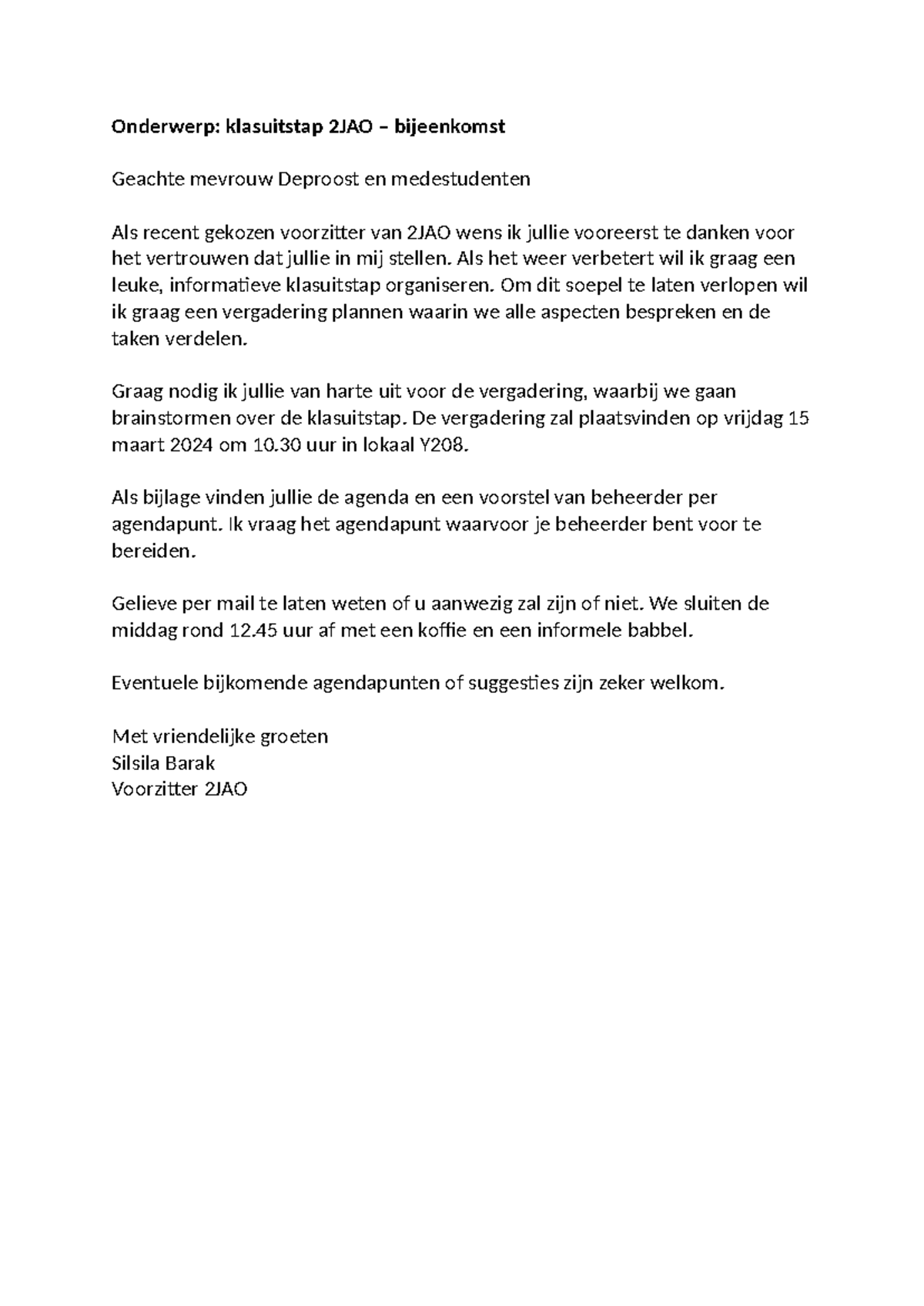 Opdracht 1- de vergaderuitnodiging - Onderwerp: klasuitstap 2JAO ...