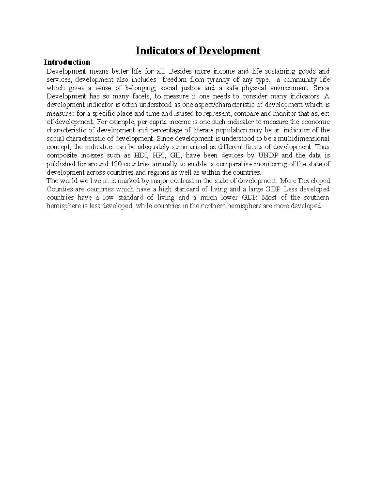 Indicators of Development - Indicators of Development Introduction ...