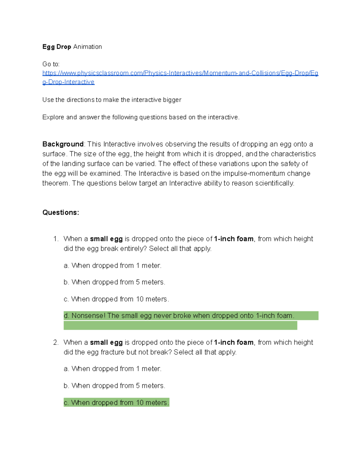 Copy of Week 4 Egg Drop - AP Physics Egg Drop Assignment - Egg Drop ...