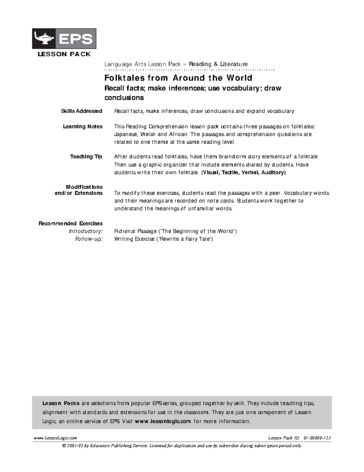 English Folktales - Folk Tales - Skills Addressed Recall f act s, make ...