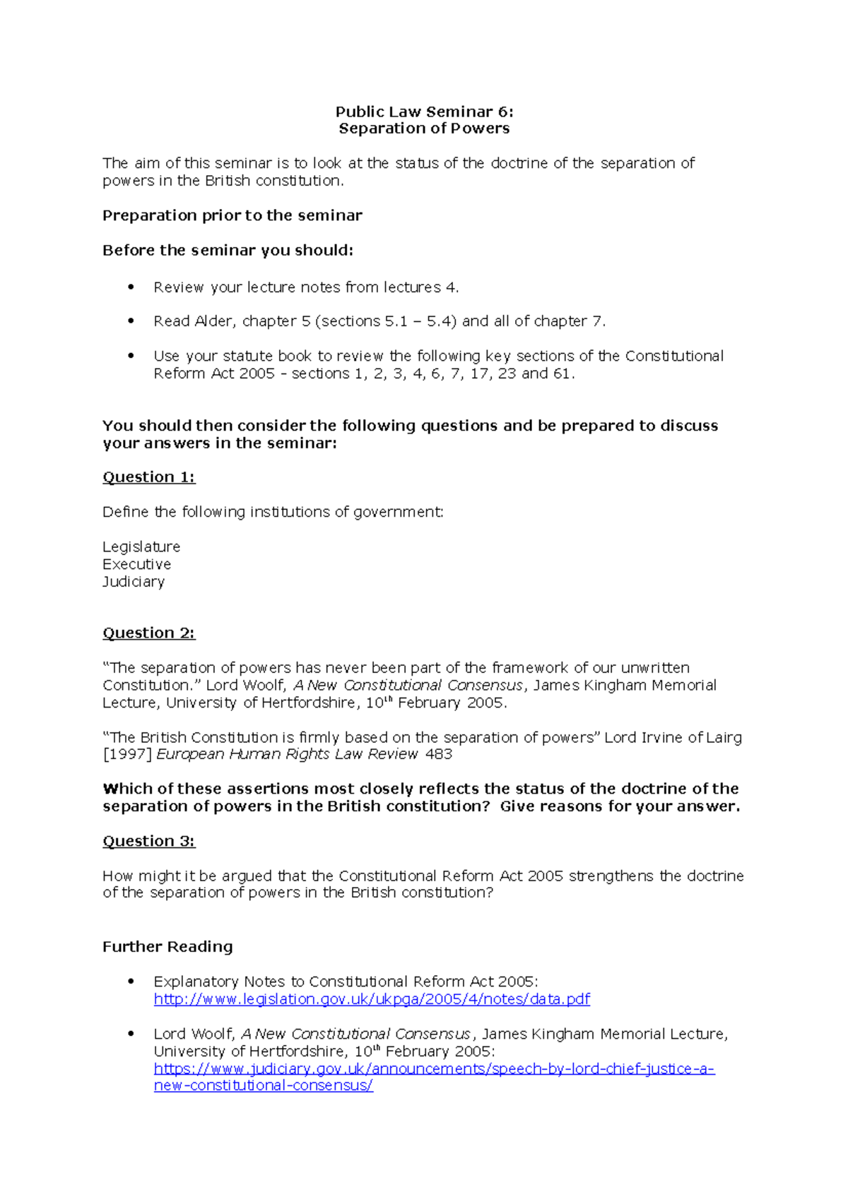 Public Law Seminar 6 2023 - Public Law Seminar 6: Separation of Powers ...