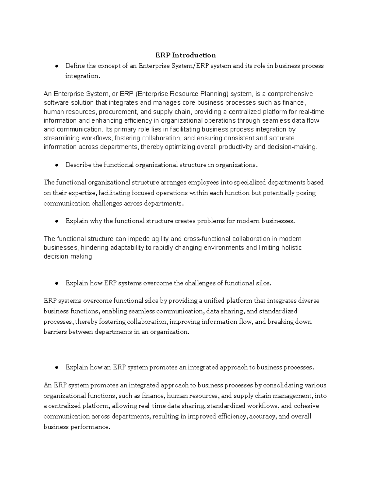 Exam 1 notes - Copy - ERP Introduction Define the concept of an ...