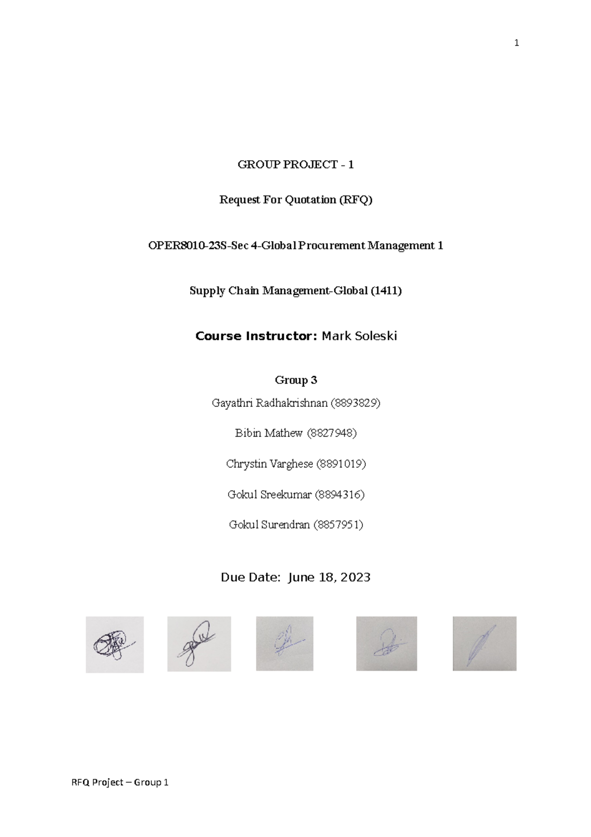 Group Project- Set 1 and 2 - GROUP PROJECT - 1 Request For Quotation (RFQ) OPER8010-23S-Sec 4 ...