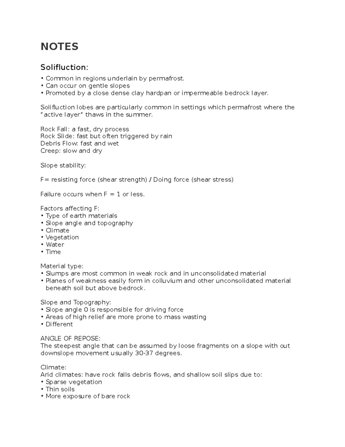 GEOG 1110 Notes - NOTES Solifluction: Common in regions underlain by ...