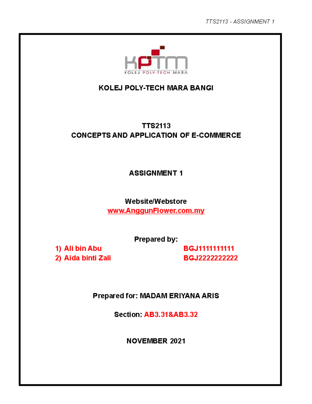 1121 Cover Page Assignment - TTS2113 - ASSIGNMENT 1 KOLEJ POLY-TECH ...