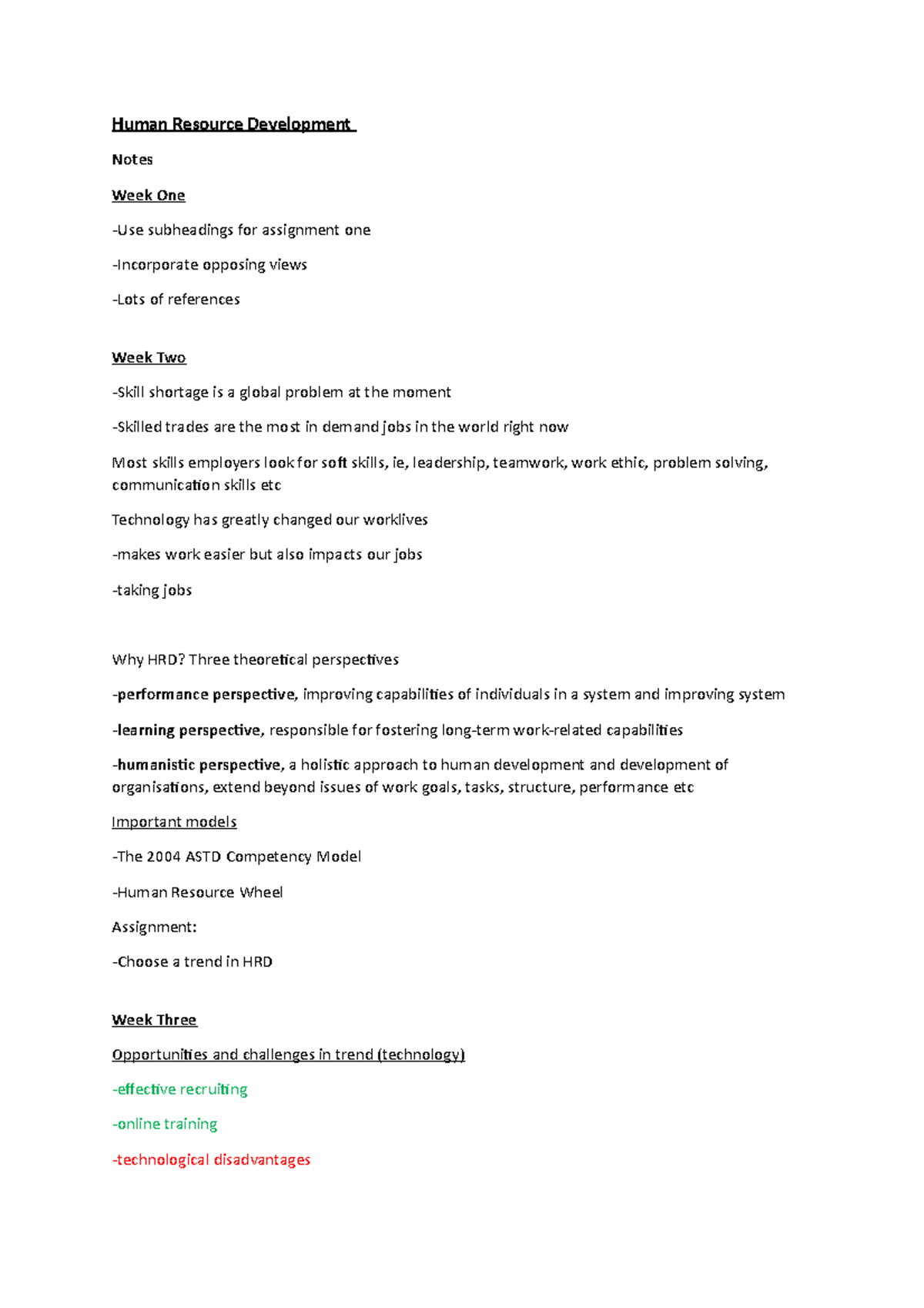 Notes, Human Resource - Human Resource Development Notes Week One -Use ...