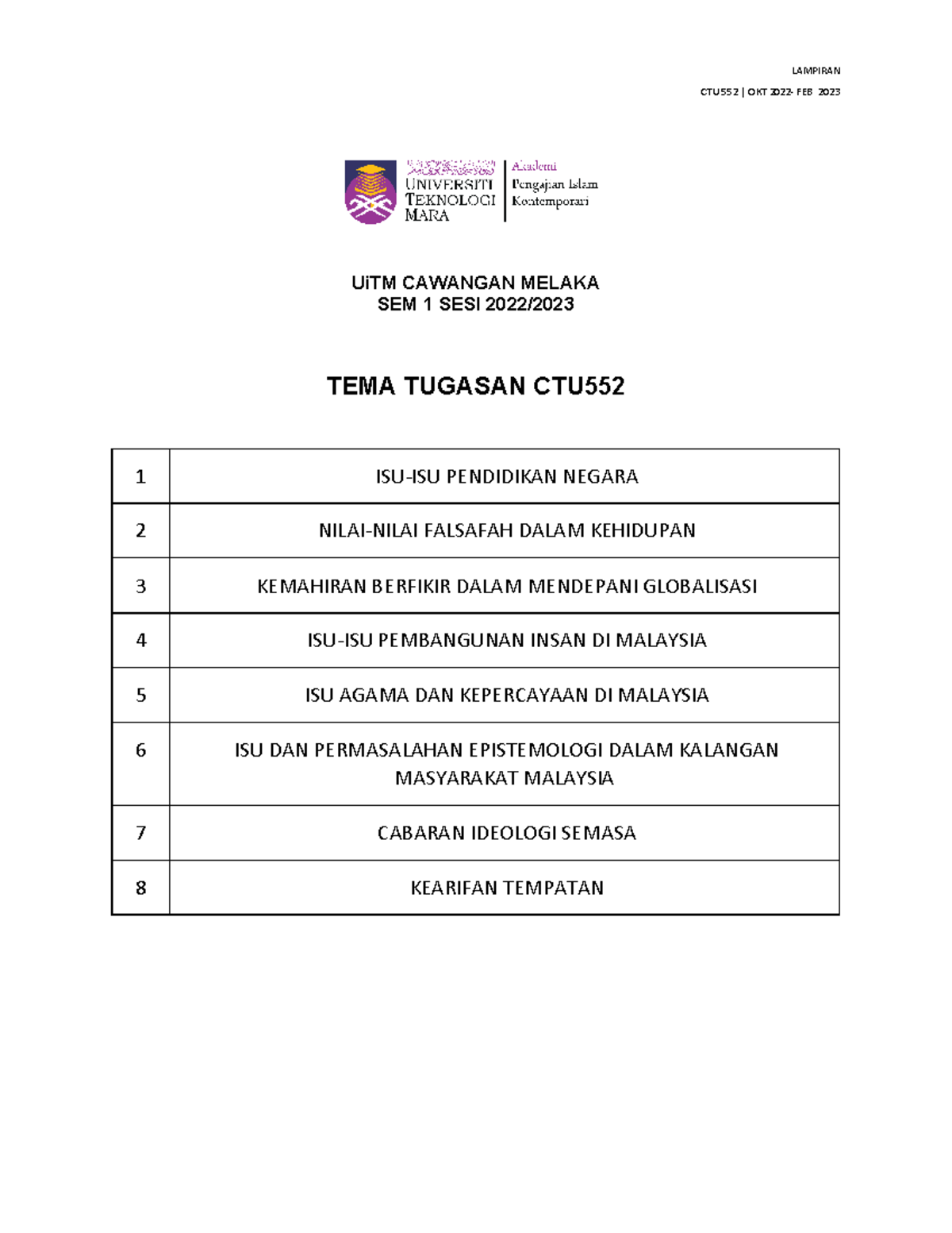 2. TEMA DAN Contoh Tugasan Pelajar - LAMPIRAN CTU 552 | OKT 2022- FEB ...