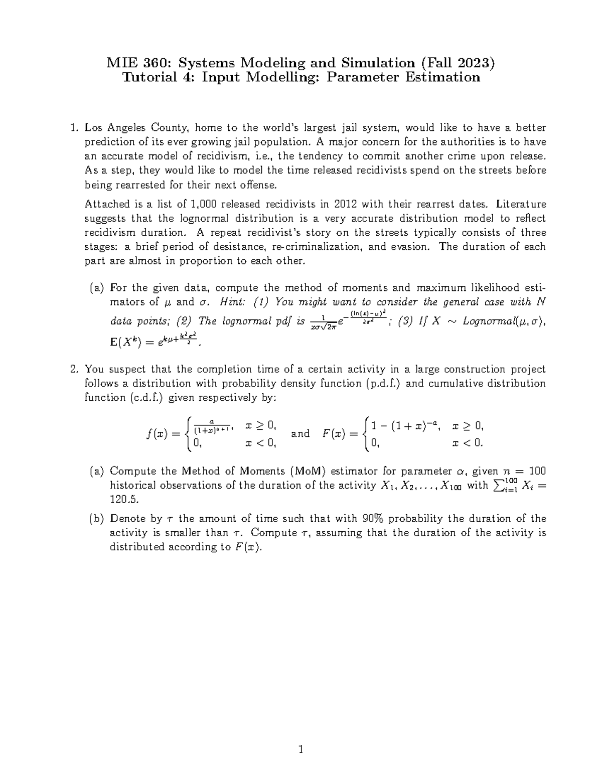 Tutorial 4 - MIE 360: Systems Modeling and Simulation (Fall 2023) Tutorial 4: Input Modelling ...