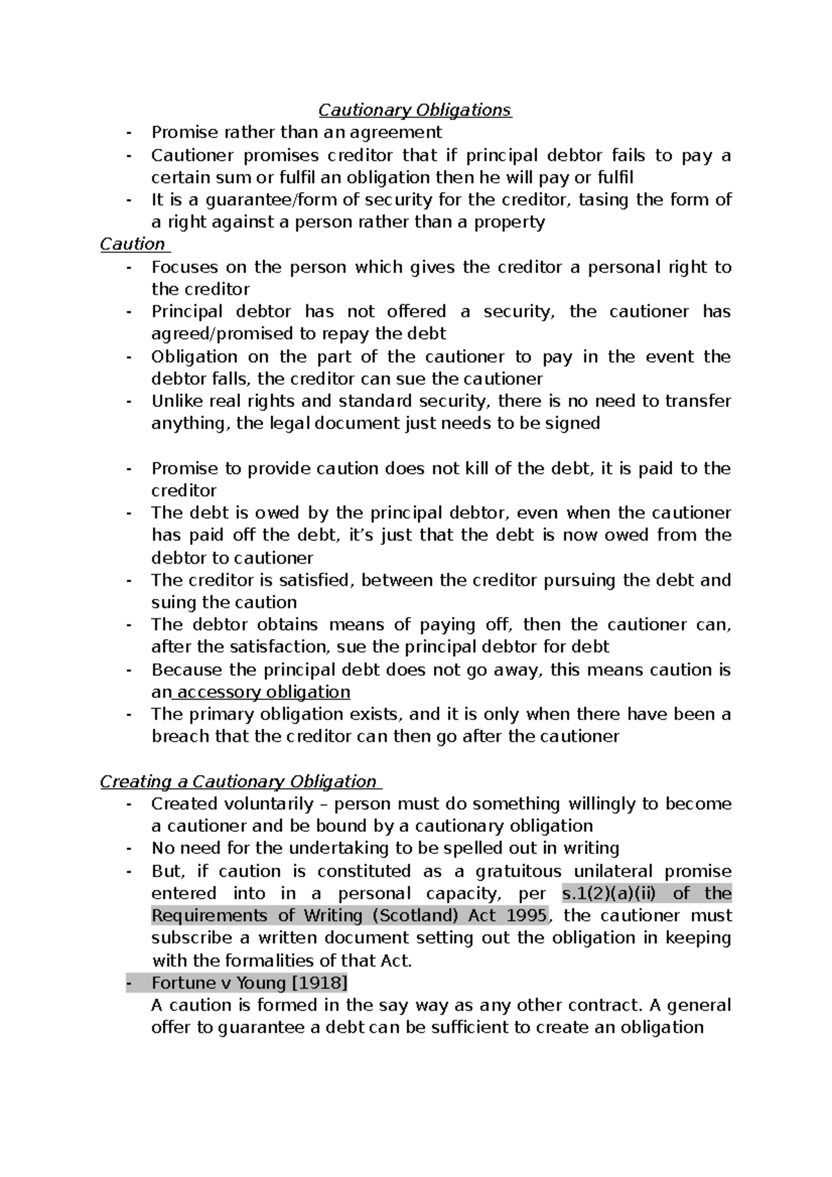 Cautionary Obligations - Fortune v Young [1918] A caution is formed in ...