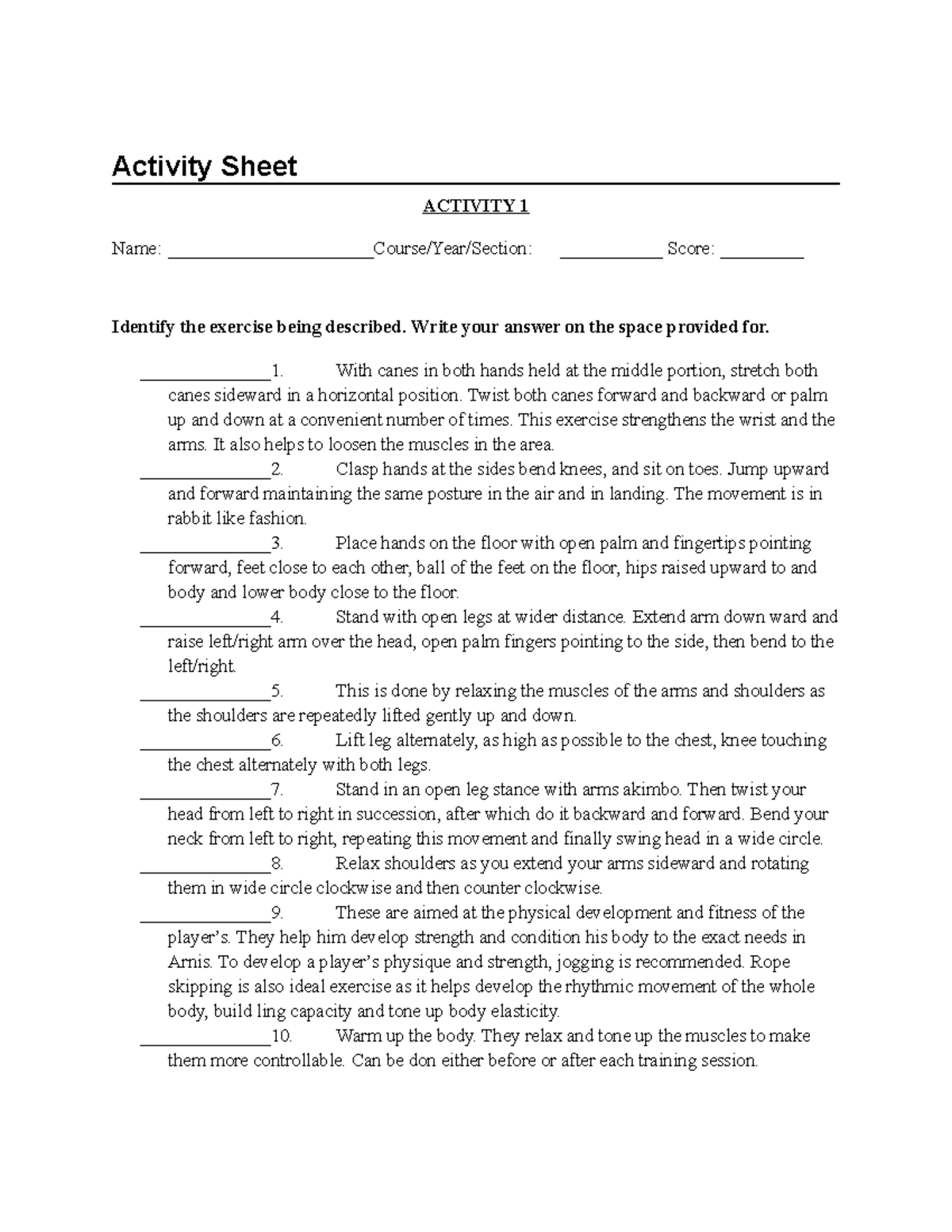 Activity Sheet chapter 7 8 - Activity Sheet ACTIVITY 1 Name: - Studocu