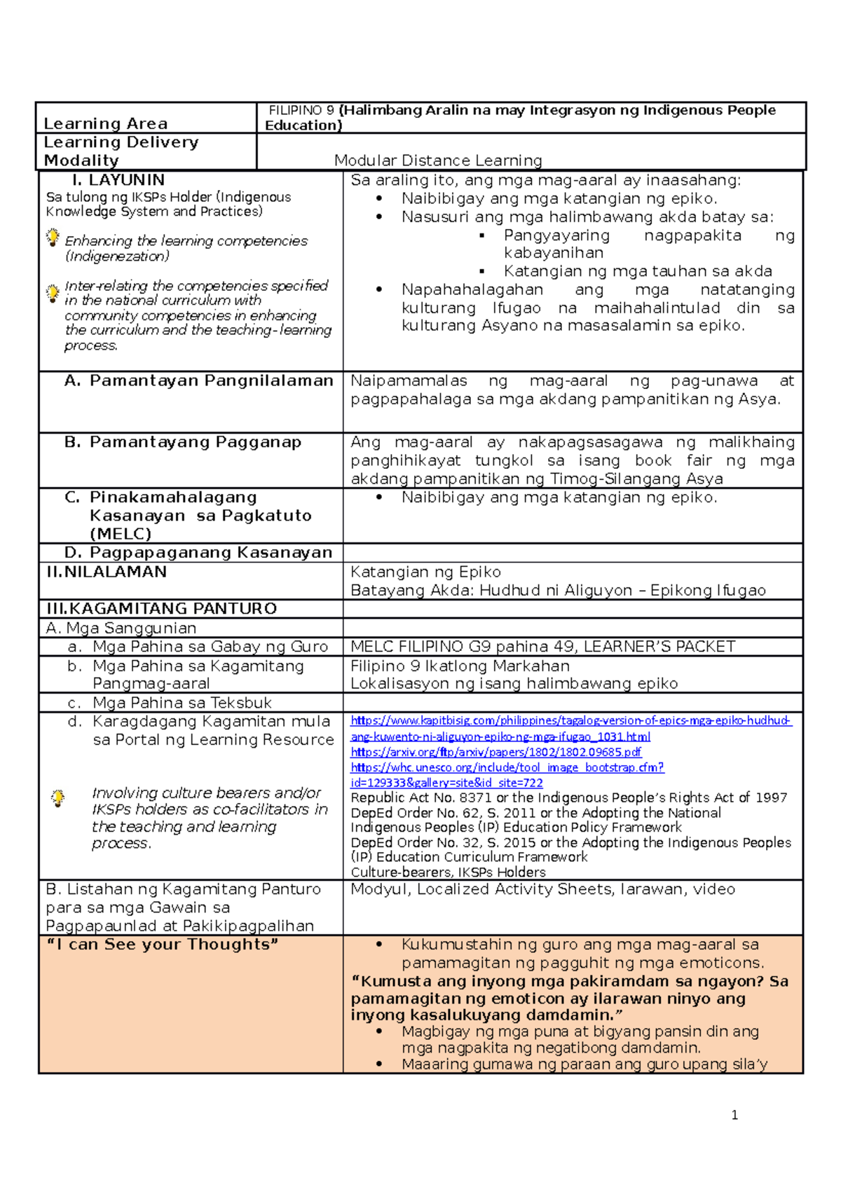 LE1 Q3 WEEK 4 FIL9 Integration OF IPED - Learning Area FILIPINO 9 ...