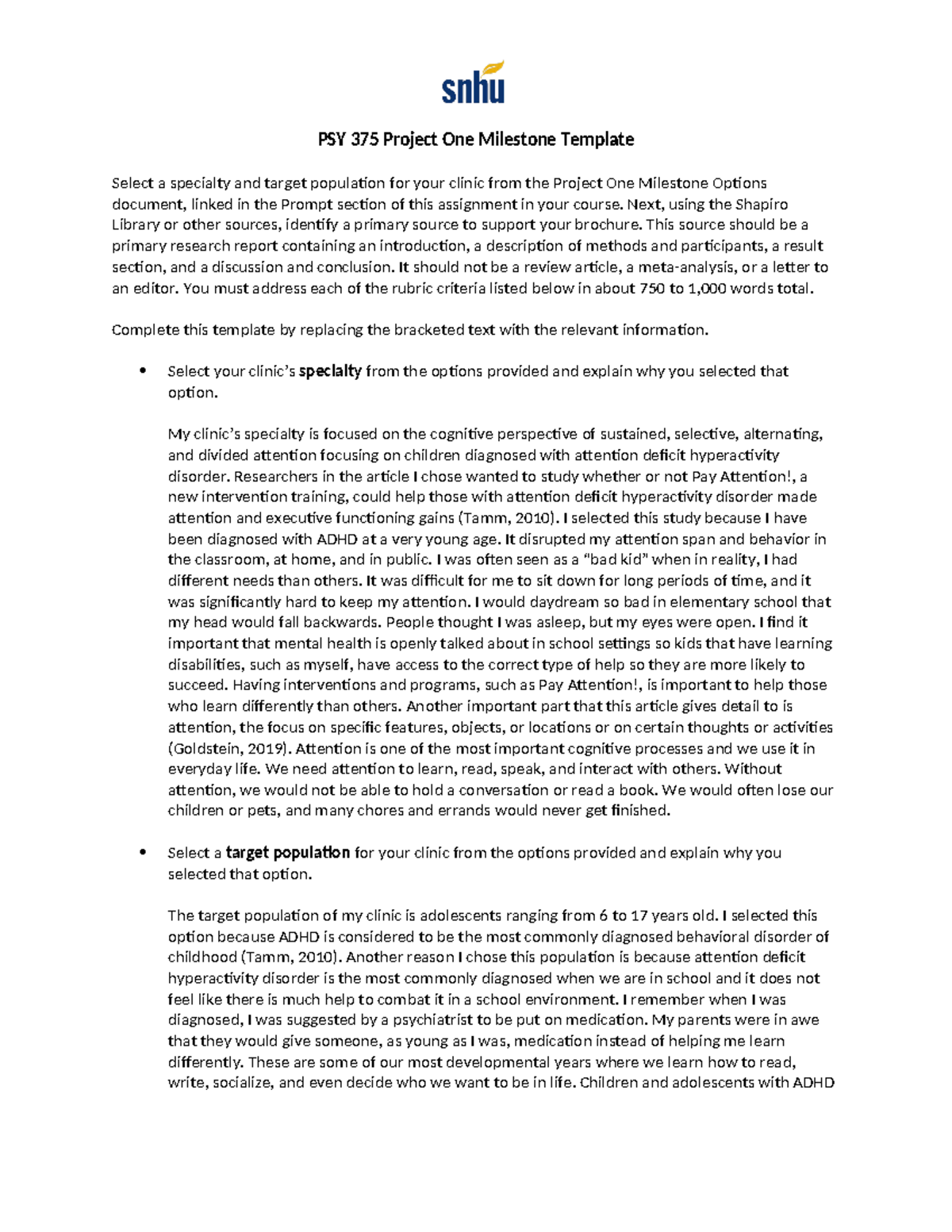 PSY 375 Project One Milestone Template - PSY 375 Project One Milestone ...