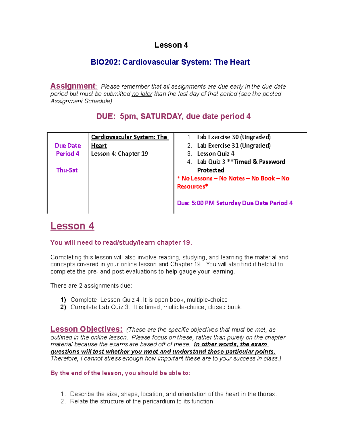 Period 4 Cardiovascular System- The Heart - Lesson 4 BIO202 ...